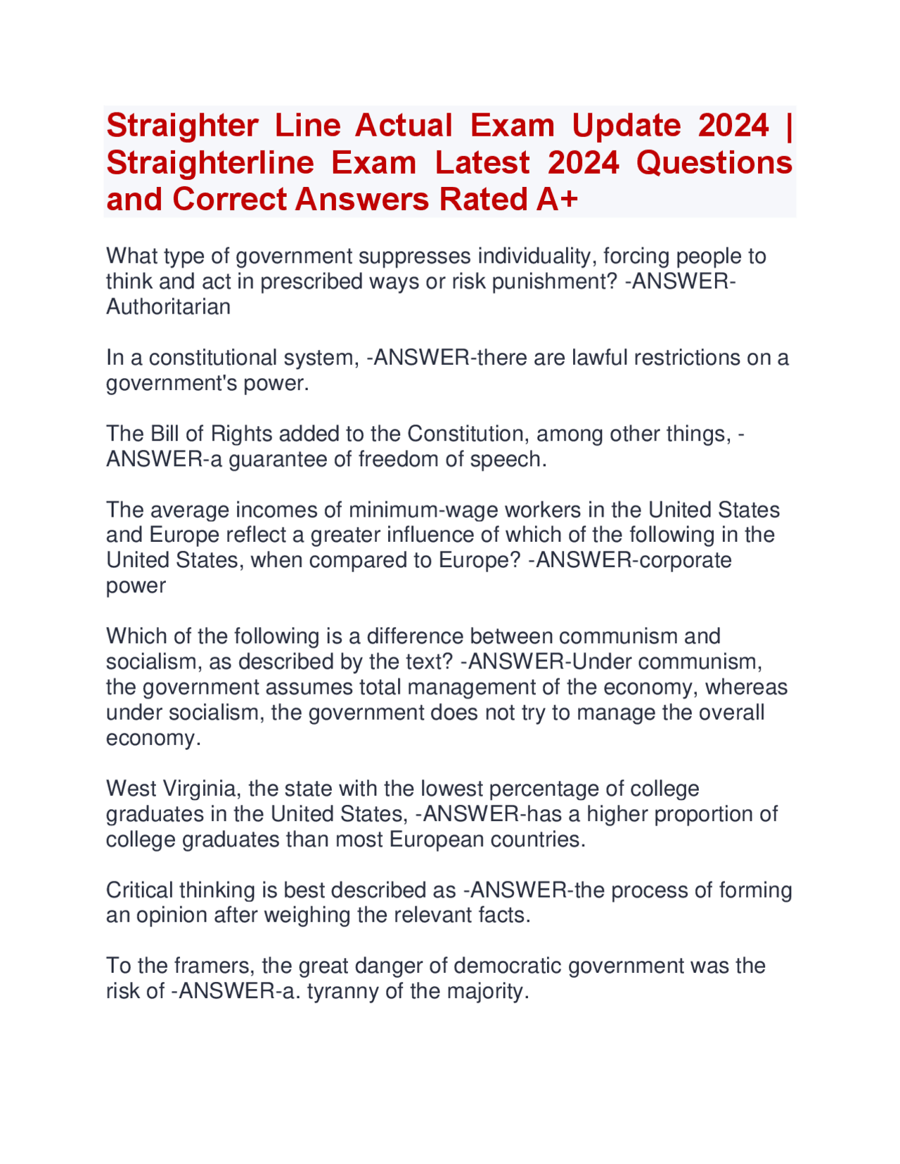 Straighter Line Actual Exam Update 2024 | Straighterline Exam Latest ...