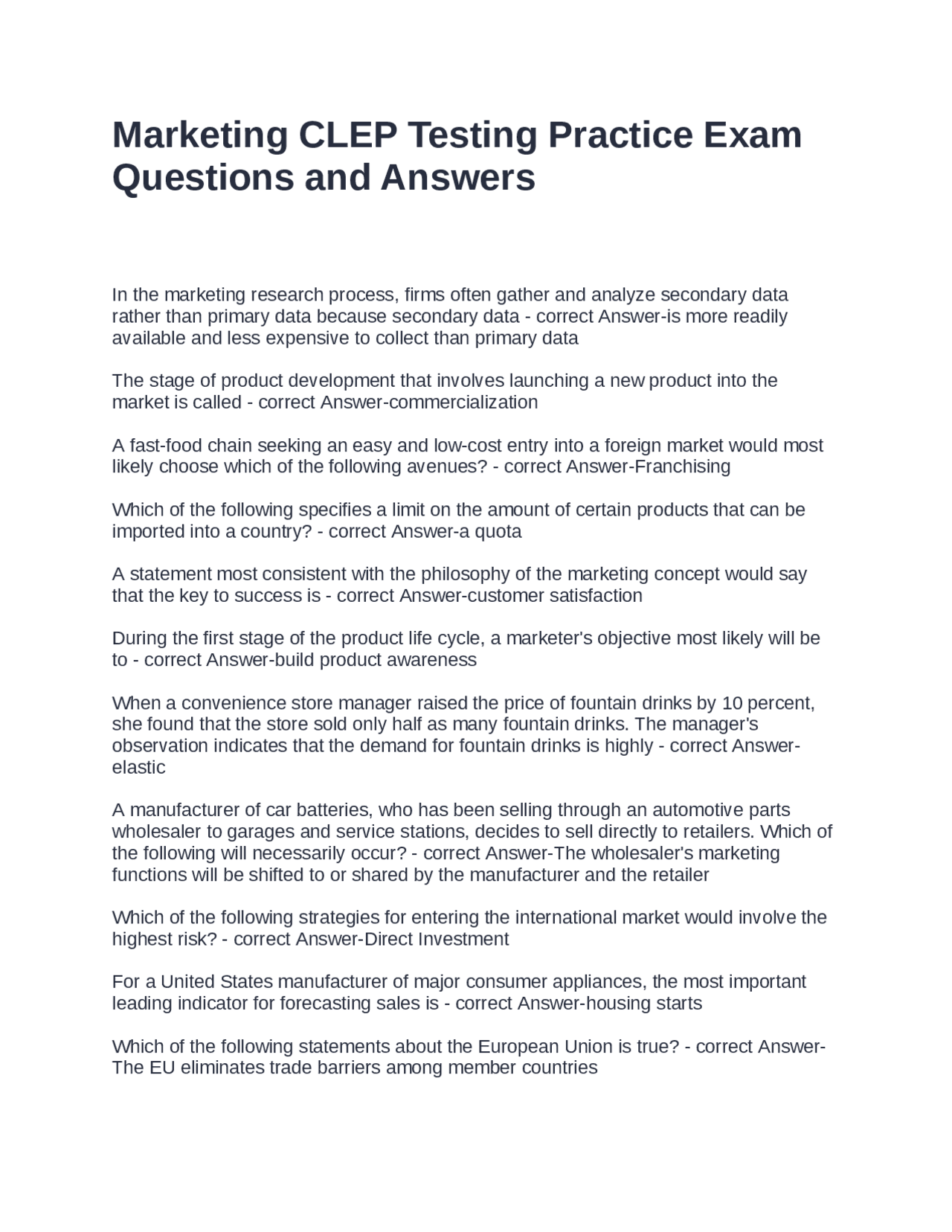 Marketing CLEP Testing Practice Exam Questions and Answers | Exams ...