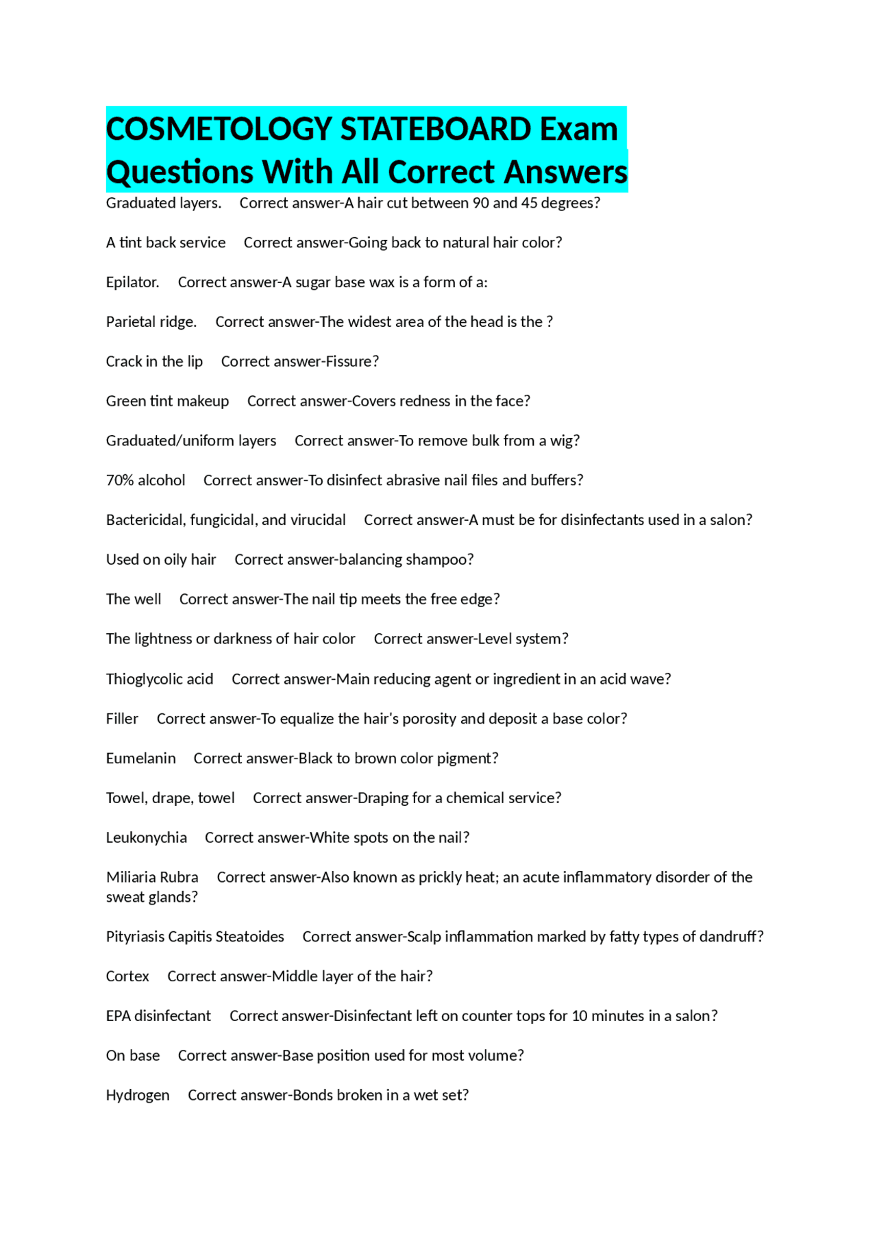 Cosmetology State Board Exam Questions and Answers | Exams Cosmetology ...