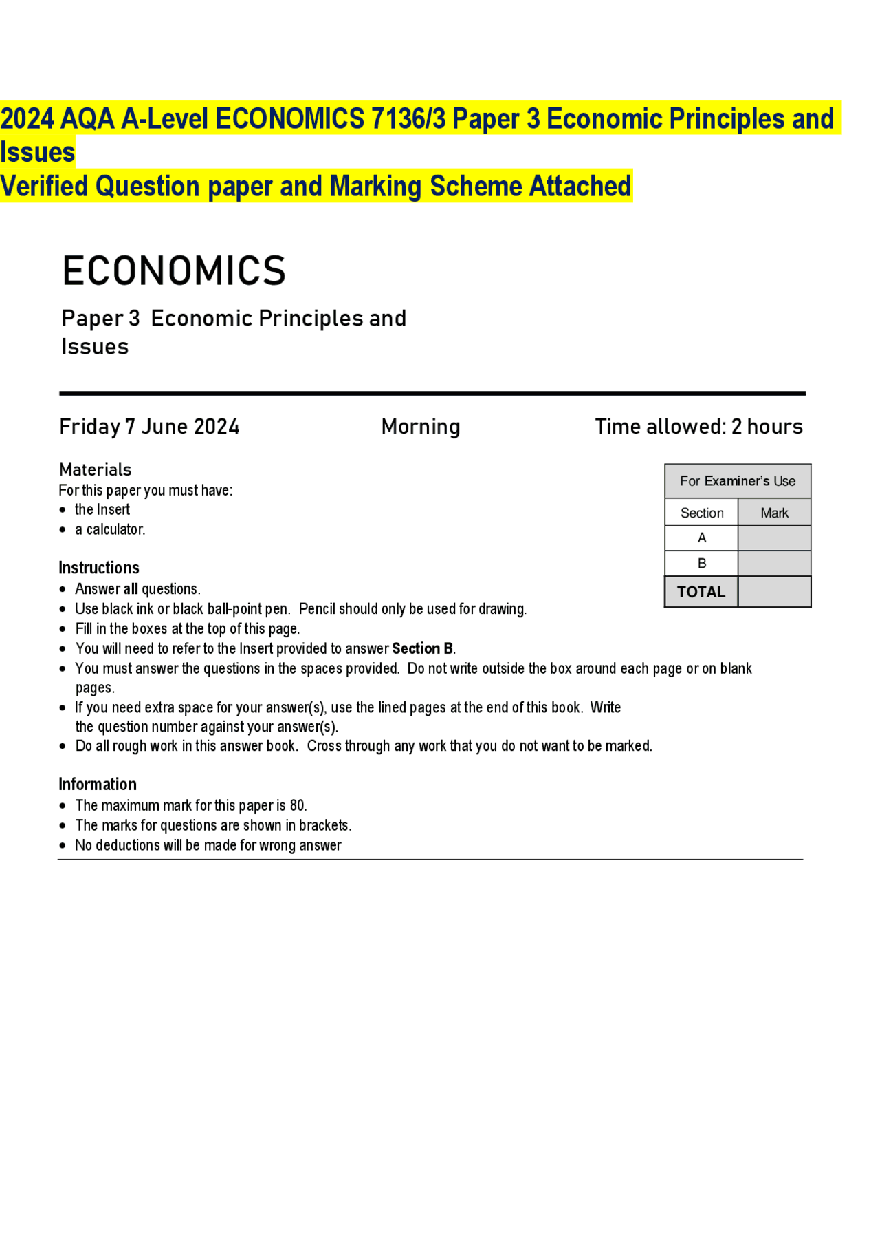 2024 AQA A-Level ECONOMICS 7136/3 Paper 3 Economic Principles and ...