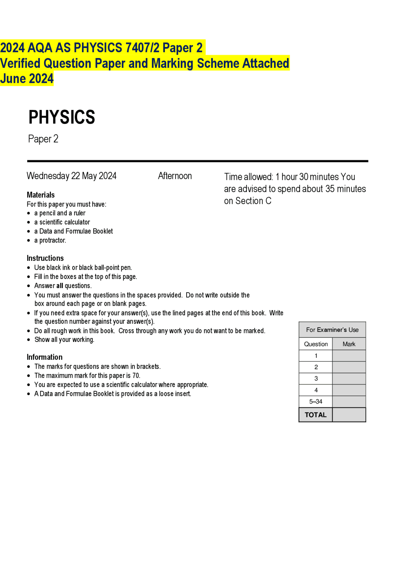 2024 AQA AS PHYSICS 7407/2 Paper 2 Verified Question Paper and Marking ...
