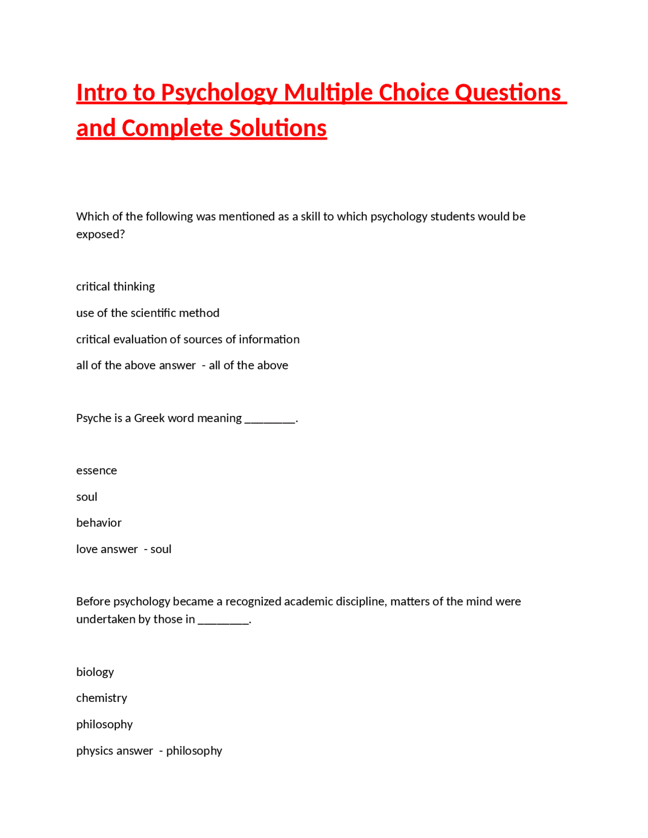 Introduction to Psychology: Multiple Choice Questions and Answers ...