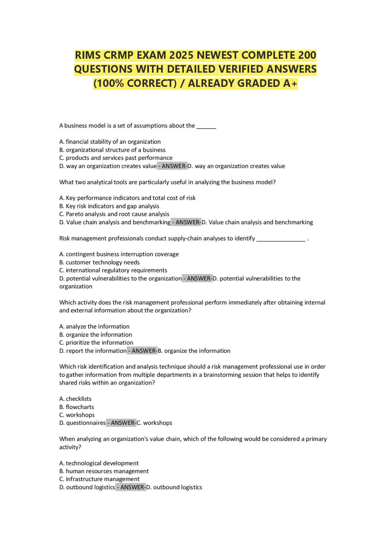 Risk Management Multiple Choice Questions and Answers | Exams Business ...