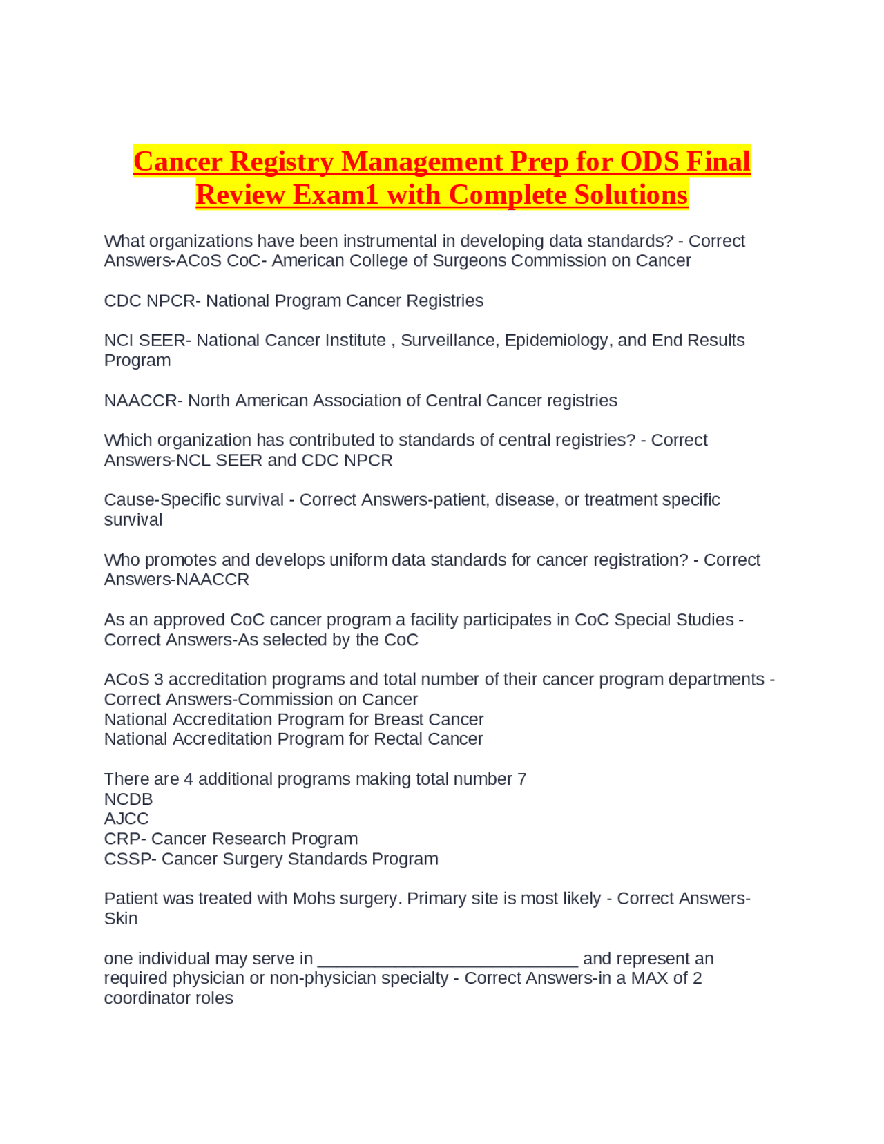 Cancer Registry Management Prep for ODS Final Review Exam1 with ...