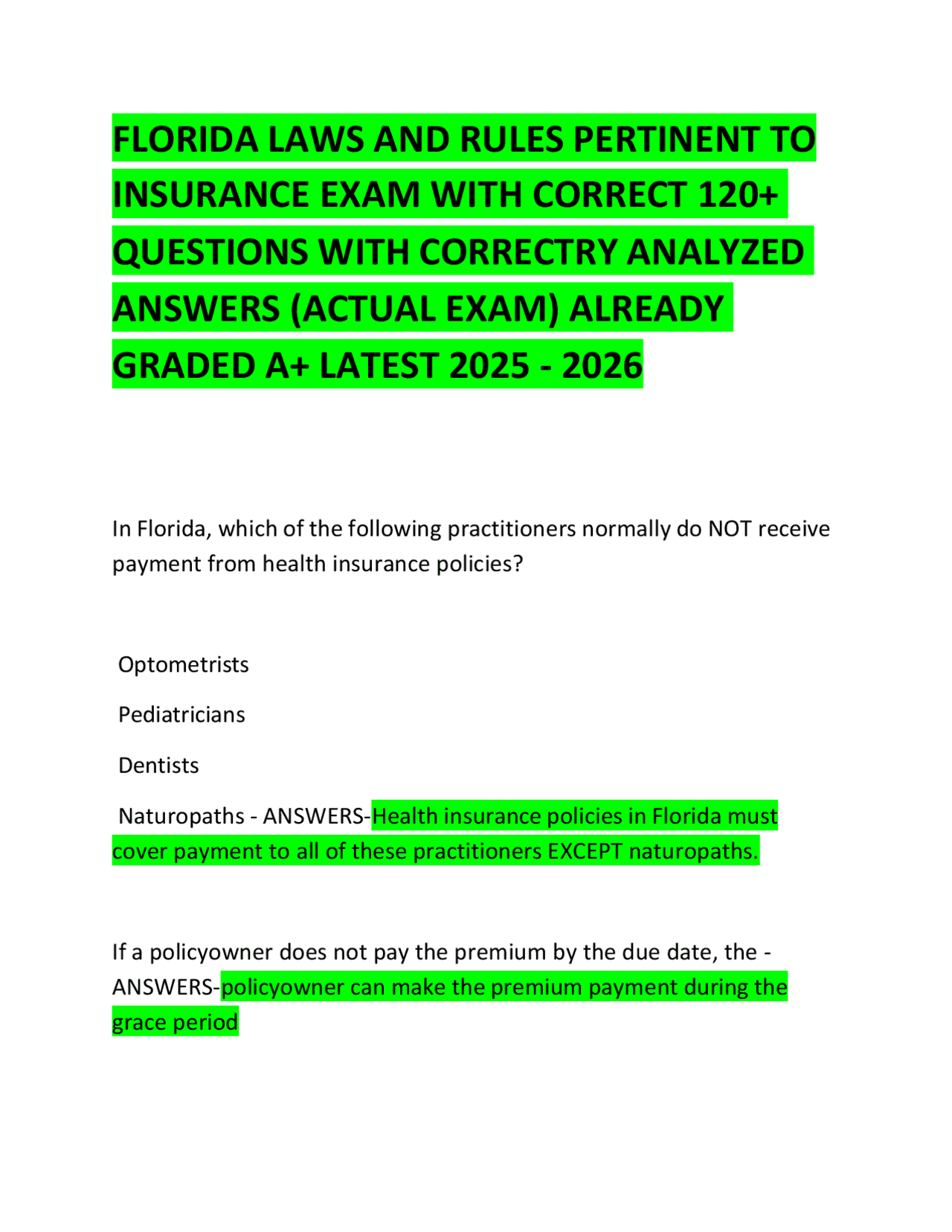 FLORIDA LAWS AND RULES PERTINENT TO INSURANCE EXAM WITH CORRECT 120 ...