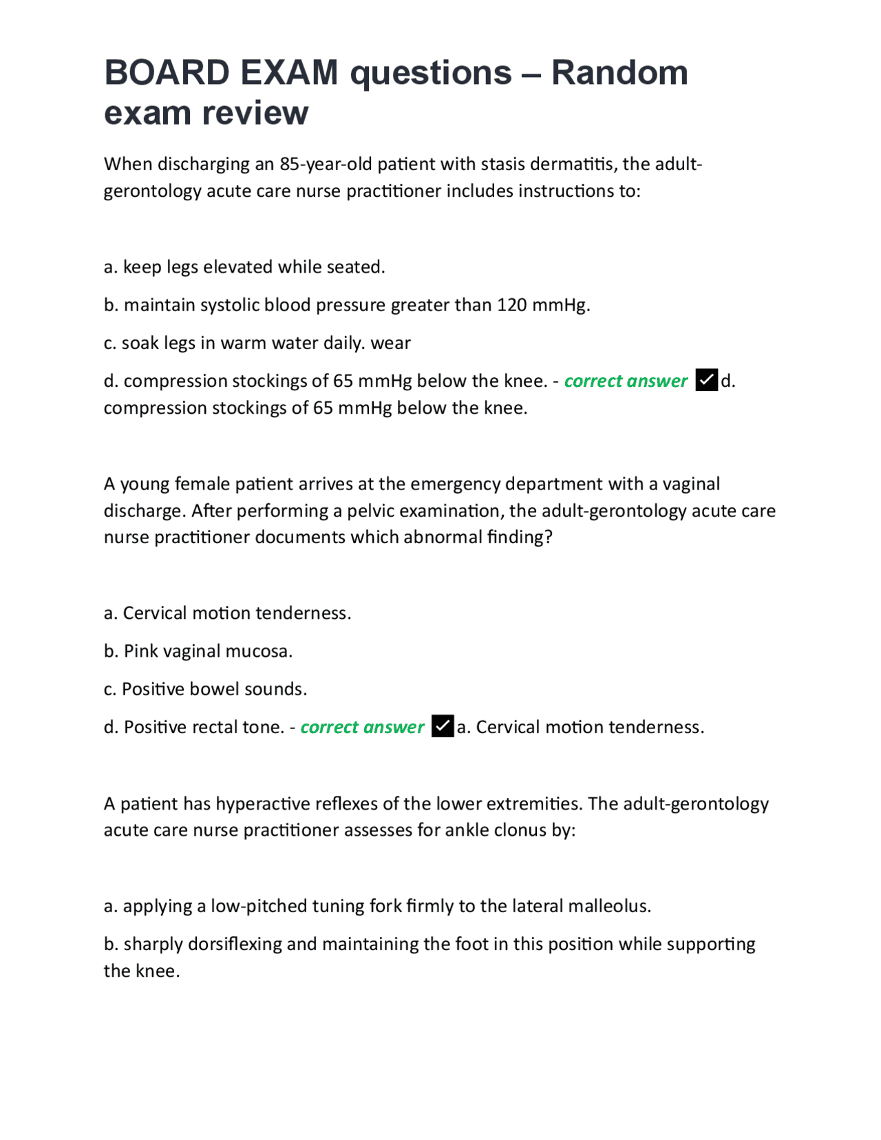 BOARD EXAM questions – Random exam review | Exams Nursing | Docsity