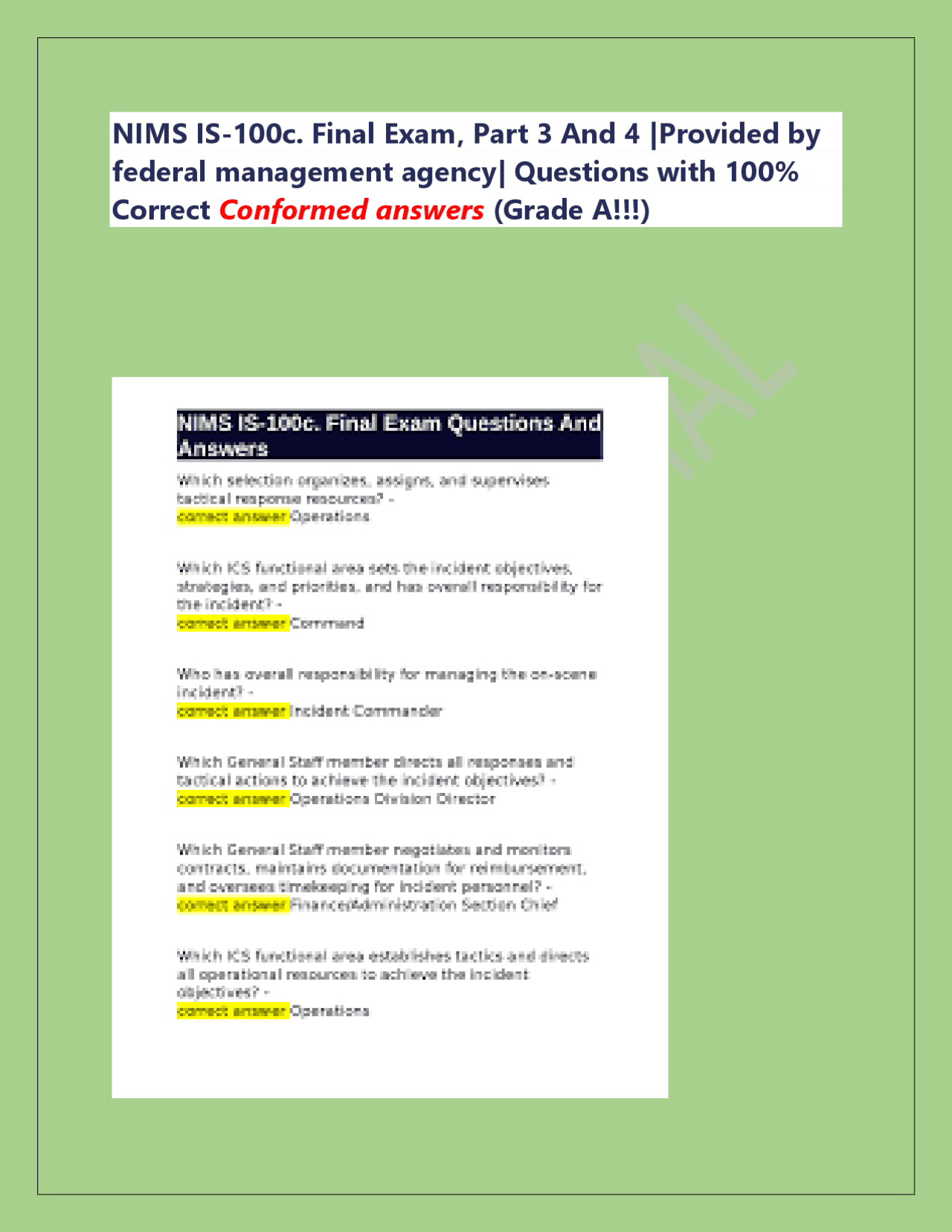 NIMS IS-100c Final Exam: Questions and Answers | Exams Nursing | Docsity