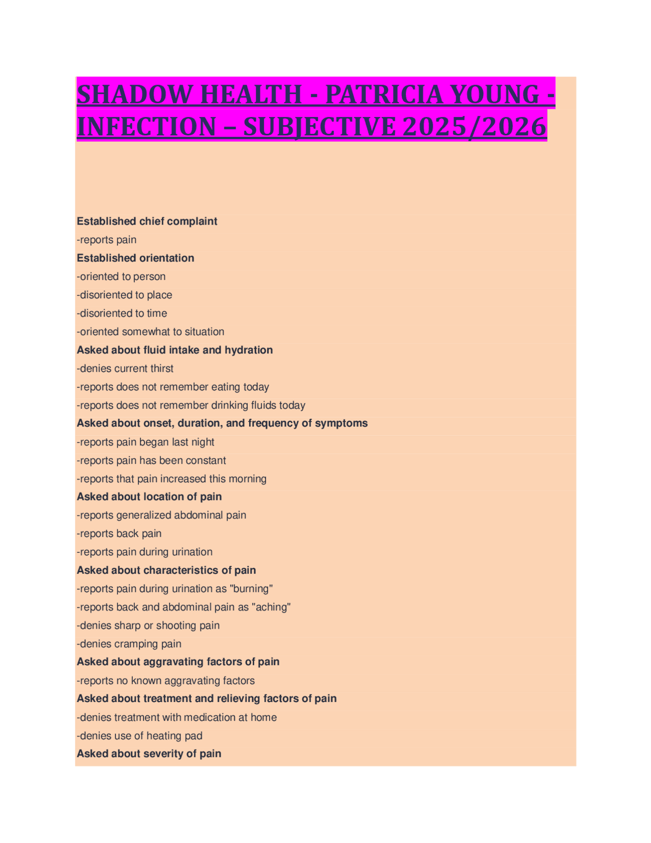 SHADOW HEALTH - PATRICIA YOUNG - INFECTION – SUBJECTIVE 2025/2026 ...