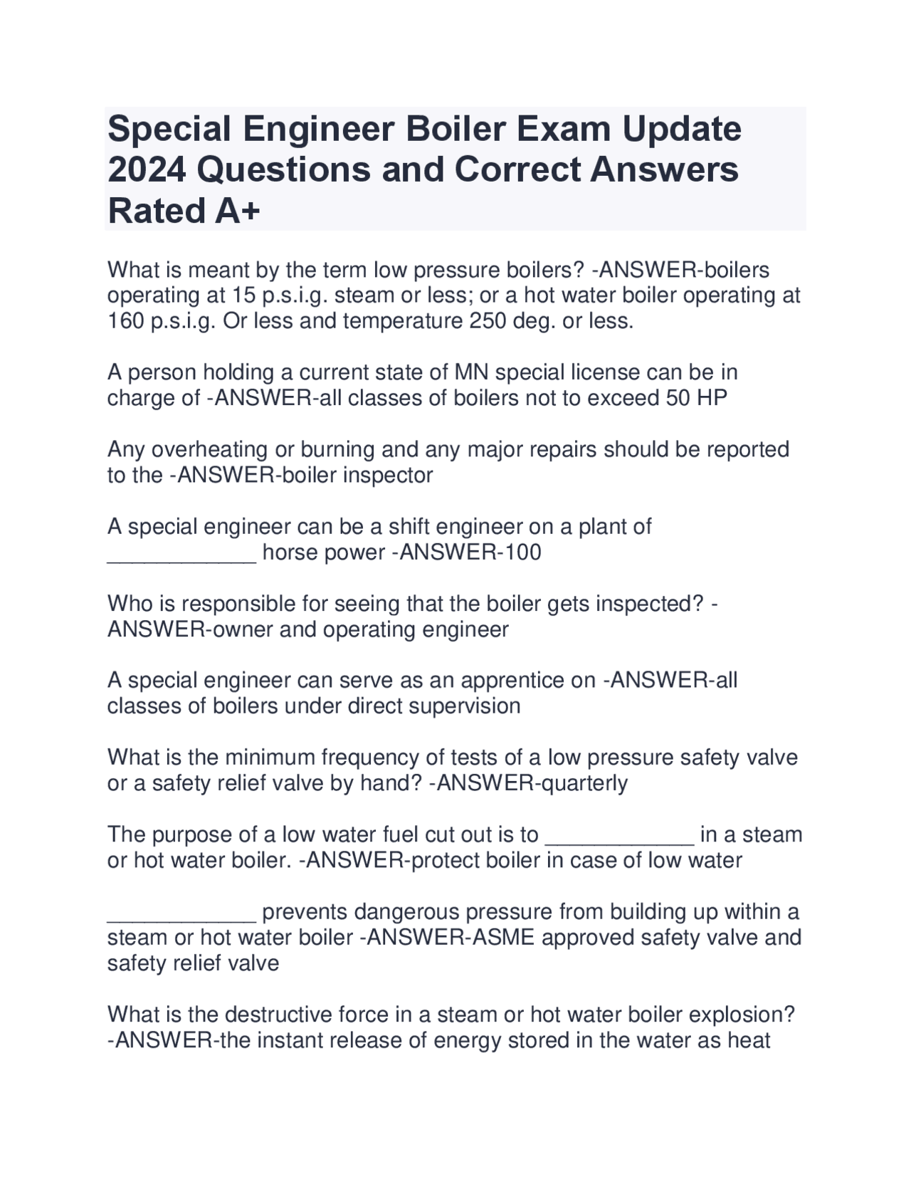 Special Engineer Boiler Exam Update 2024 Questions and Correct Answers ...