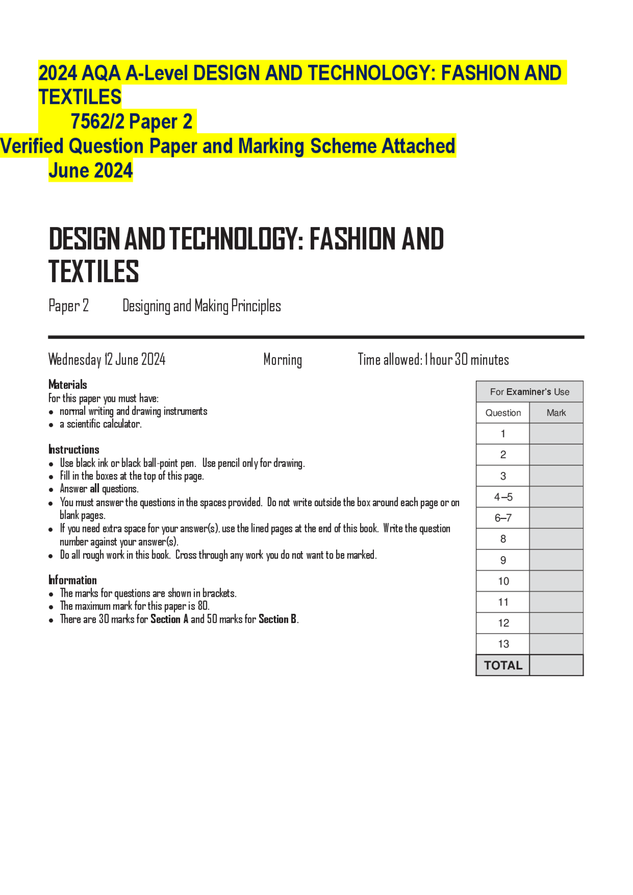 2024 AQA A-Level DESIGN AND TECHNOLOGY: FASHION AND TEXTILES 7562/2 Paper 2 Verified Q | Exams ...