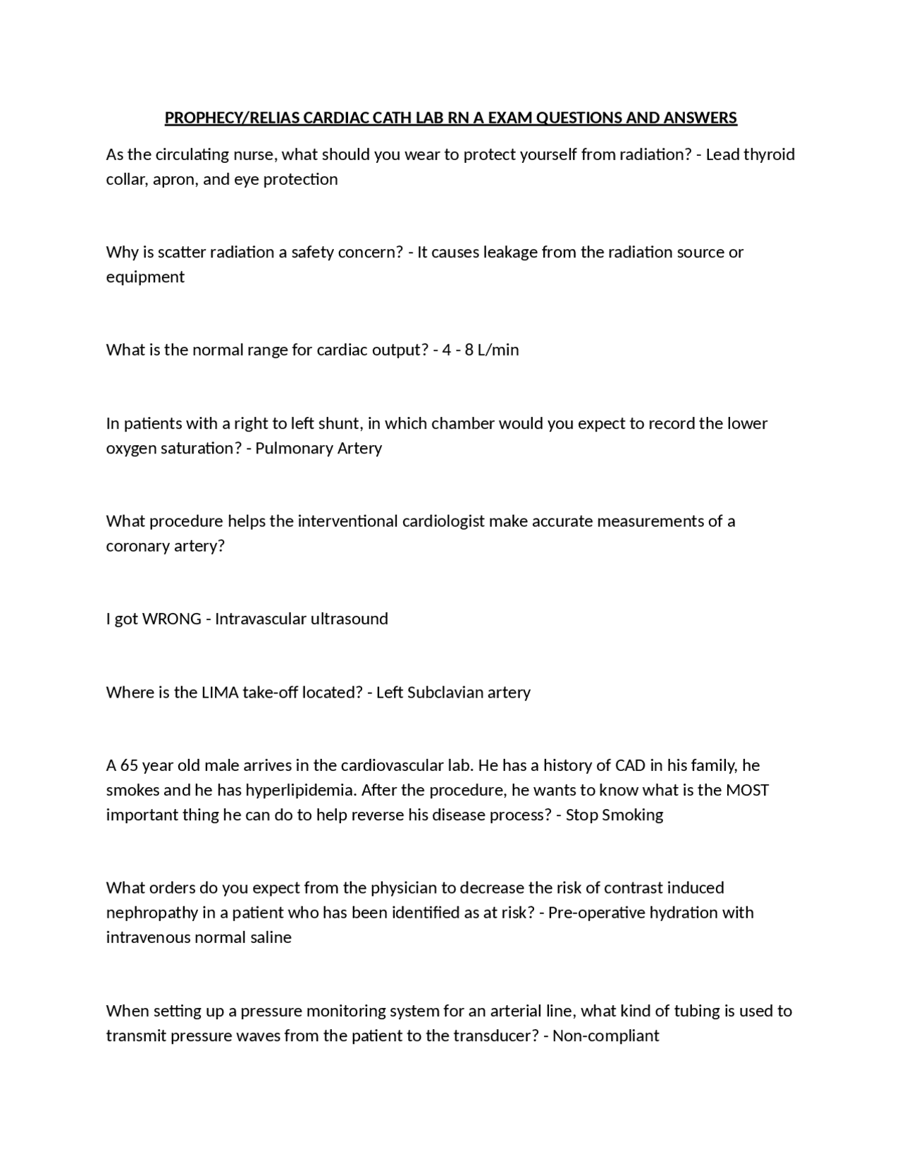 PROPHECY RELIAS CARDIAC CATH LAB RN A EXAM QUESTIONS AND ANSWERS ...