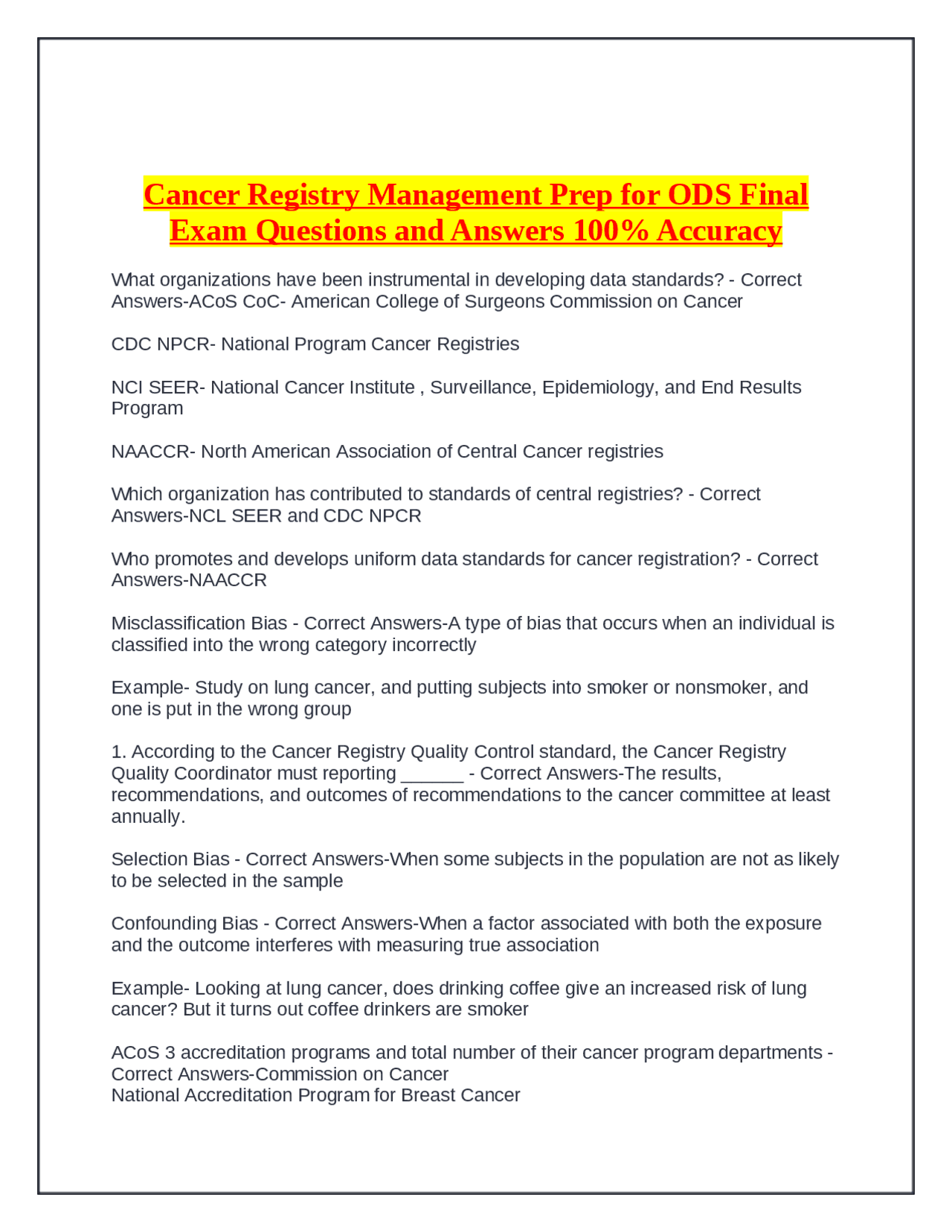 Cancer Registry Management Prep for ODS Final Exam Questions and ...