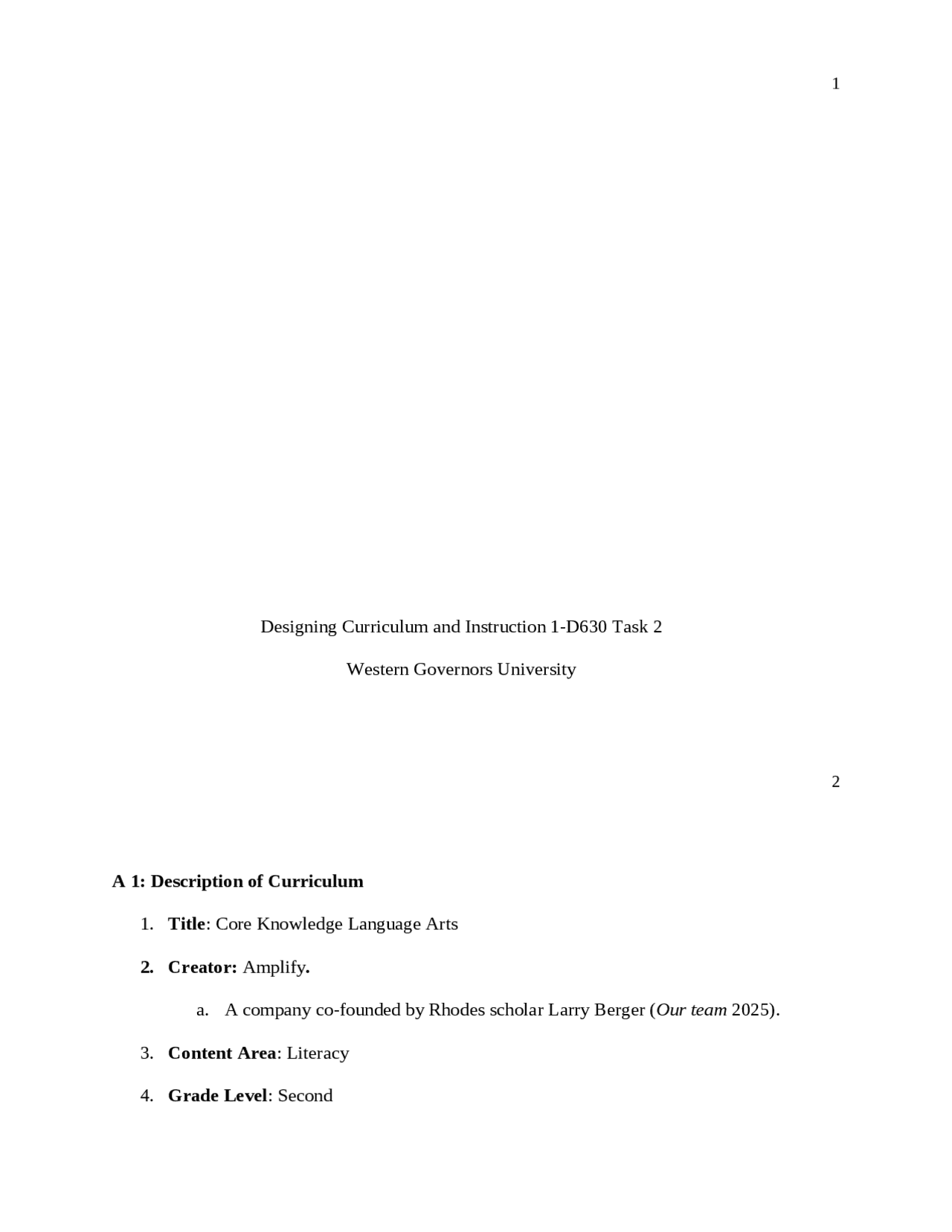 1 Designing Curriculum and Instruction 1-D630 Task 2 Wes | Thesis Accounting | Docsity