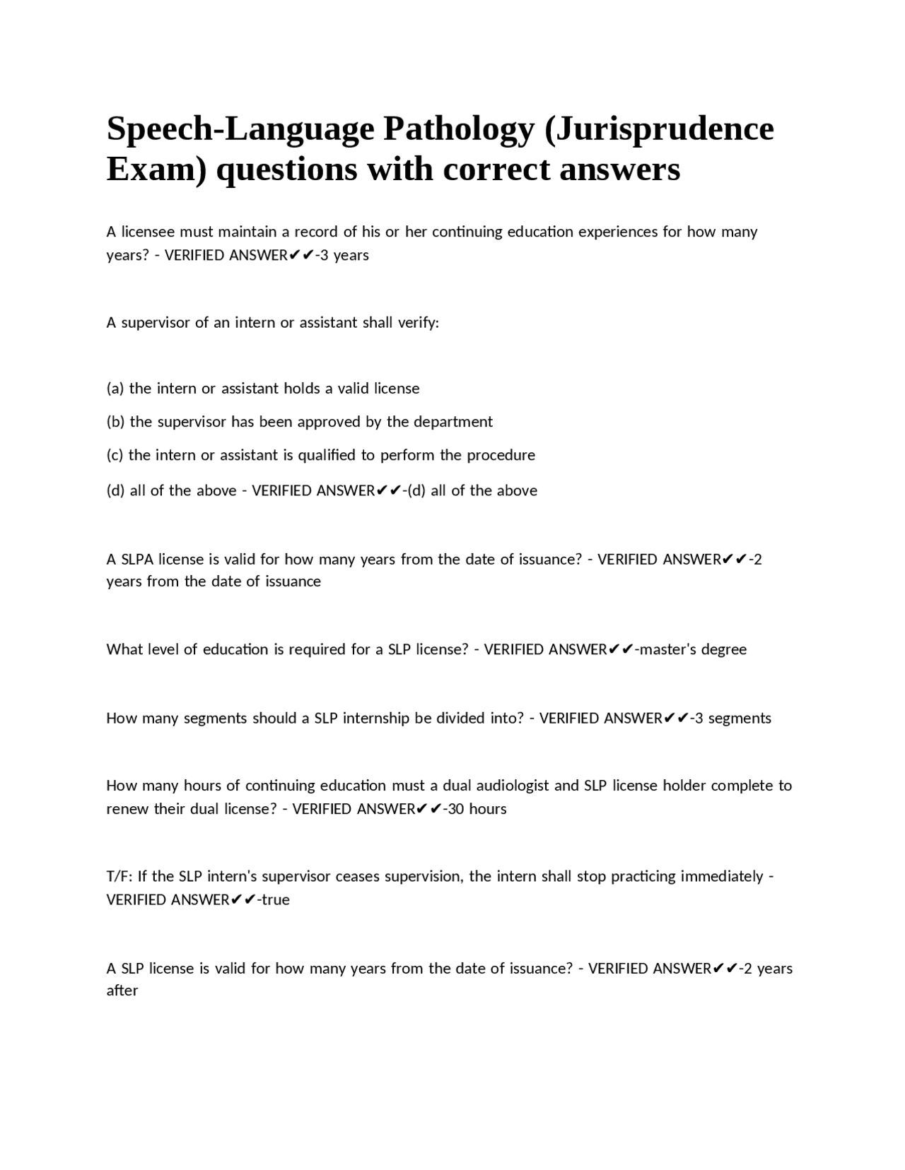 Speech-Language Pathology Jurisprudence Exam Questions and Answers | Exams Pathology | Docsity