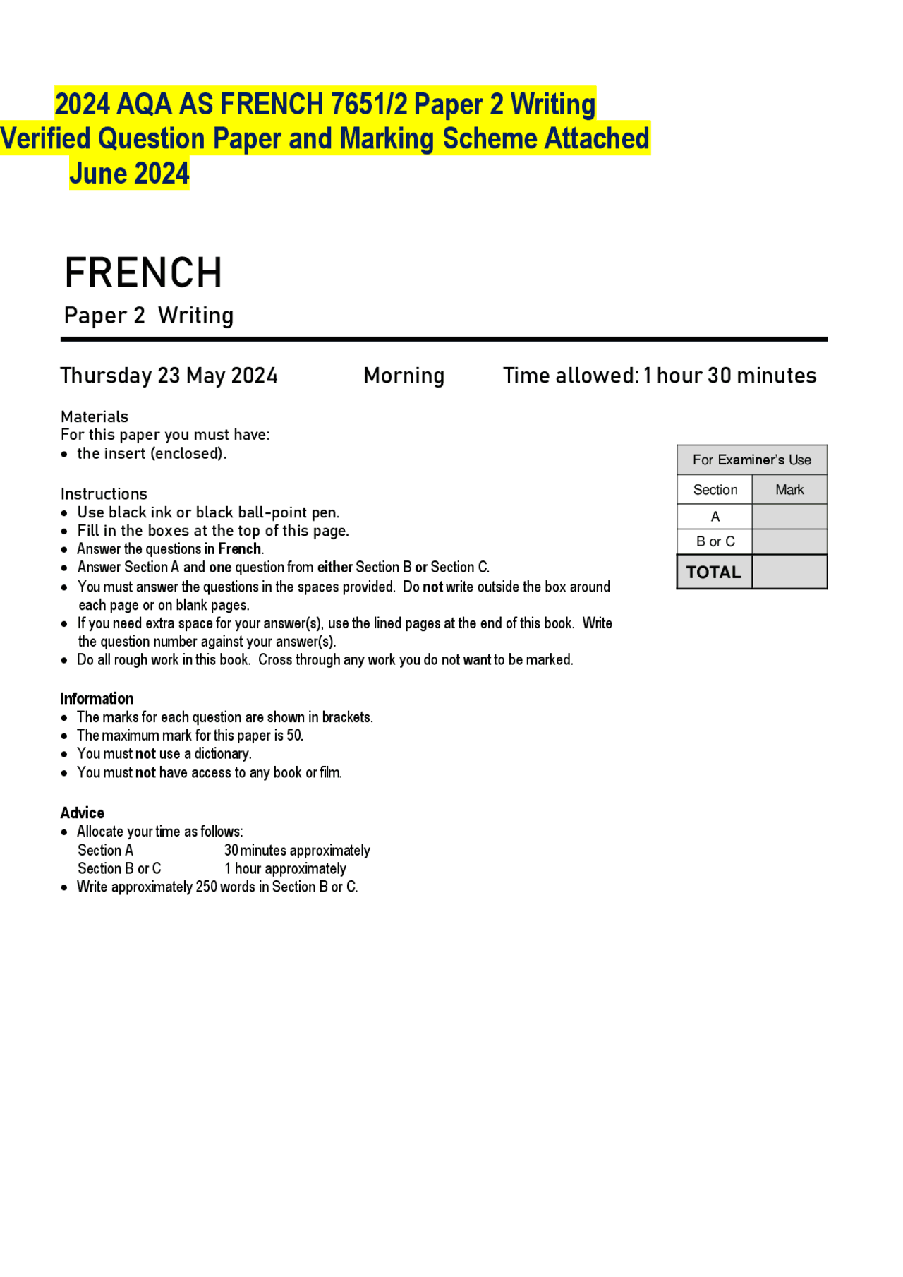 2024 AQA AS FRENCH 7651/2 Paper 2 Writing Verified Question Paper and ...