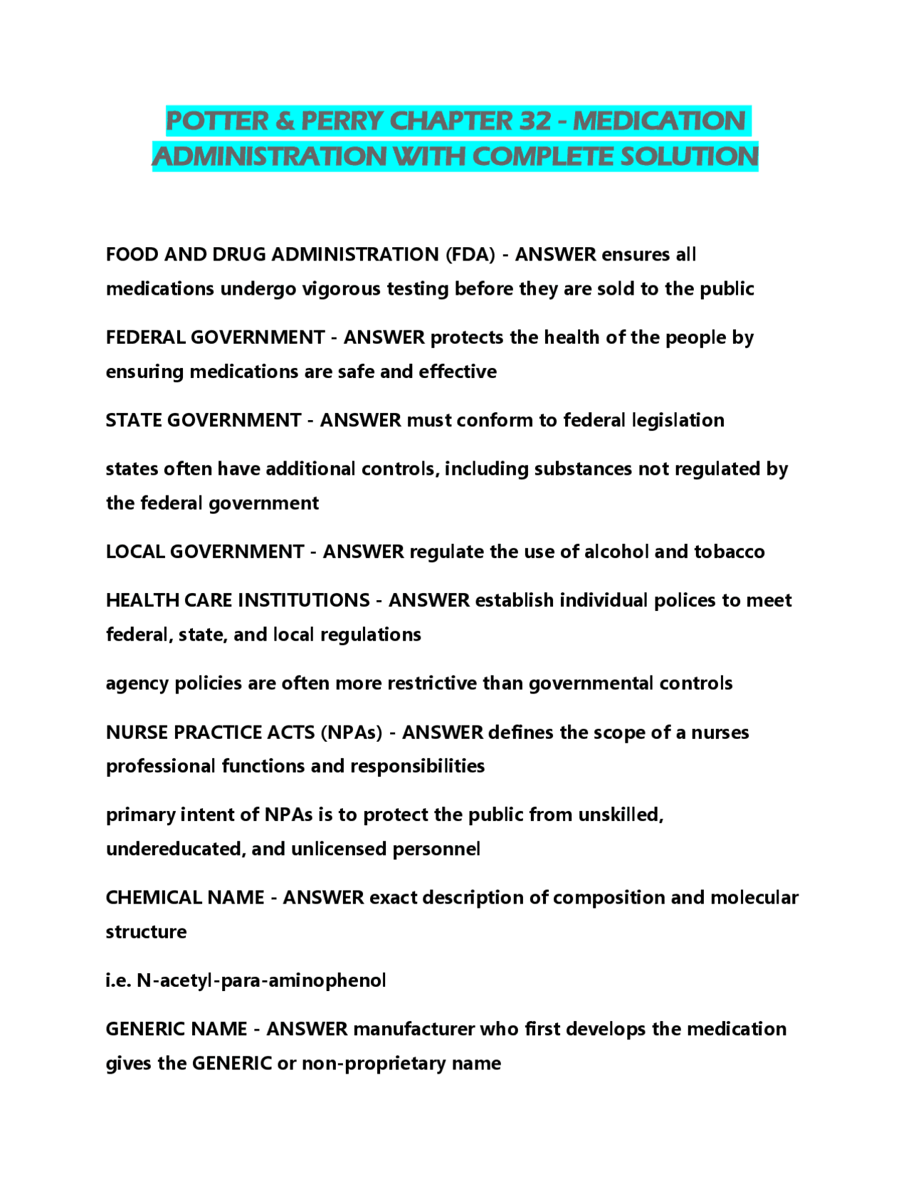 POTTER & PERRY CHAPTER 32 - MEDICATION ADMINISTRATION WITH COMPLETE ...