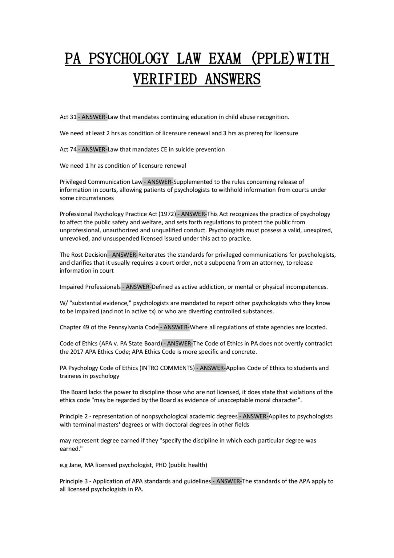 PA PSYCHOLOGY LAW EXAM (PPLE)WITH VERIFIED ANSWERS | Exams Psychology ...