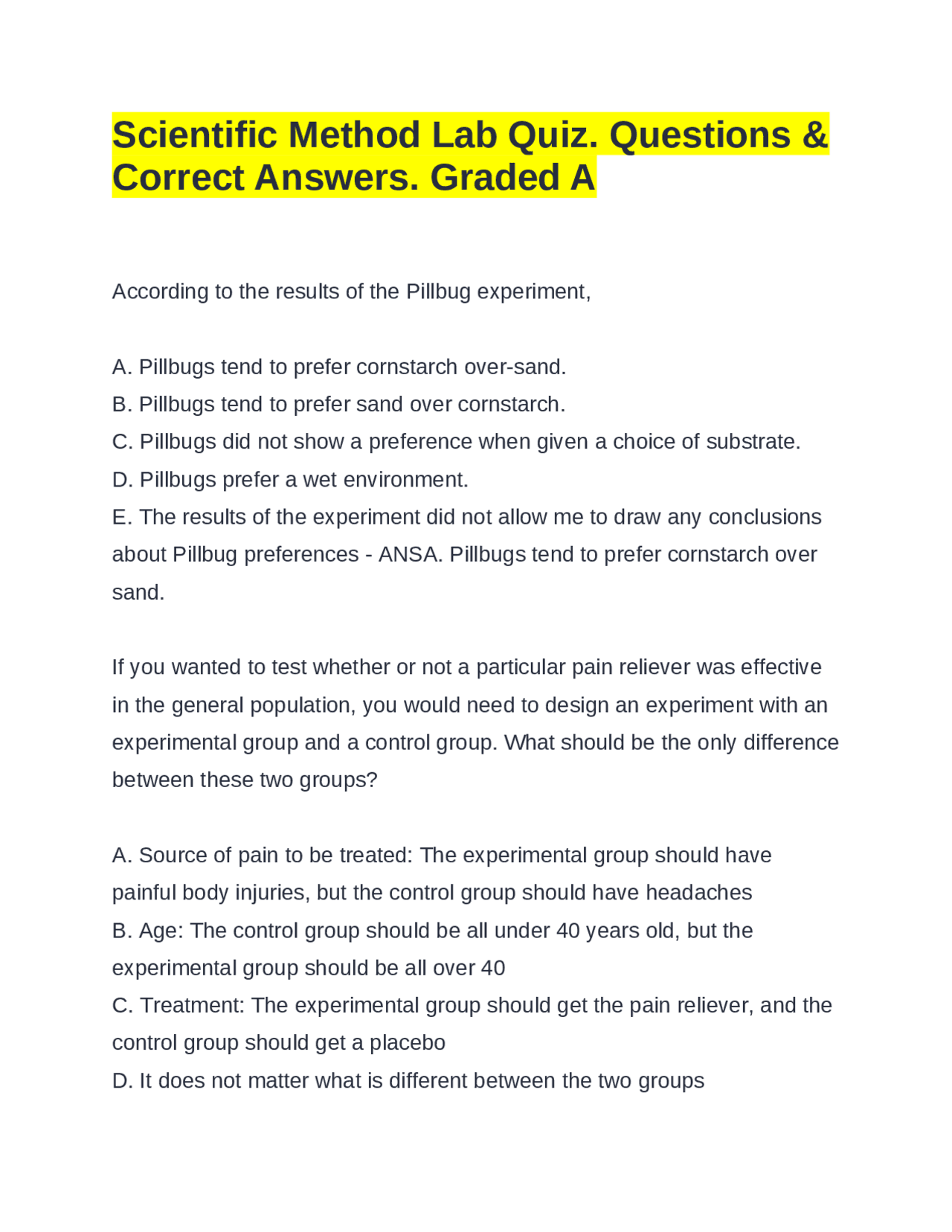 Scientific Method Lab Quiz. Questions & Correct Answers. Graded A ...