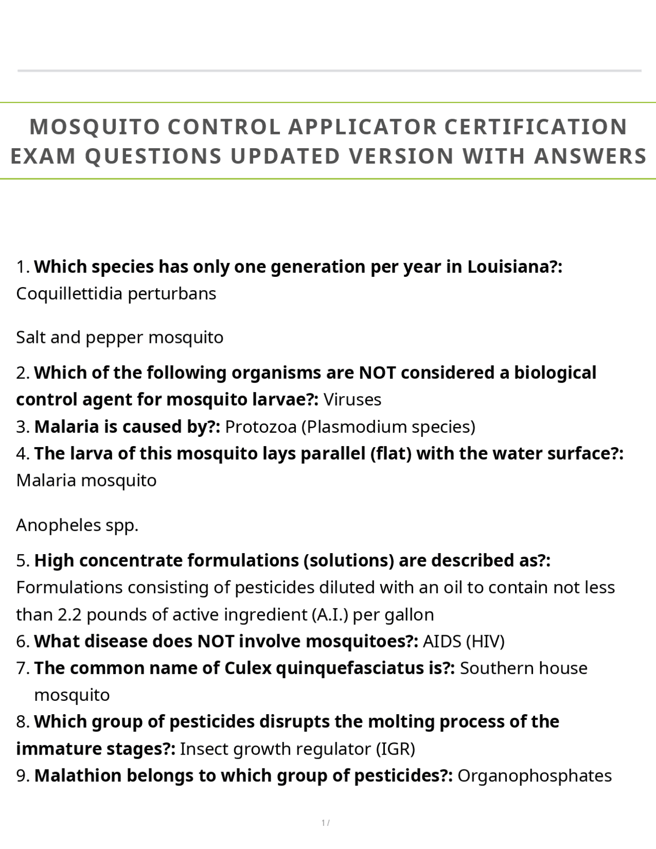 MOSQUITO CONTROL APPLICATOR CERTIFICATION EXAM QUESTIONS UPDATED ...