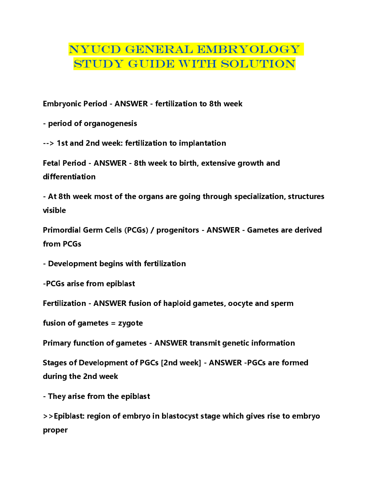 NYUCD Embryology Study Guide: Fertilization & Gametogenesis | Exams ...