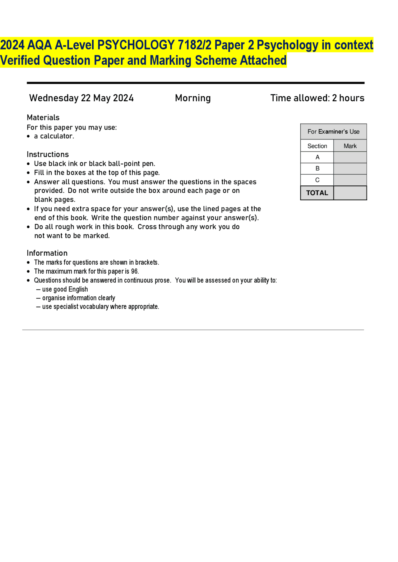 2024 AQA A-Level PSYCHOLOGY 7182/2 Paper 2 Psychology in context ...