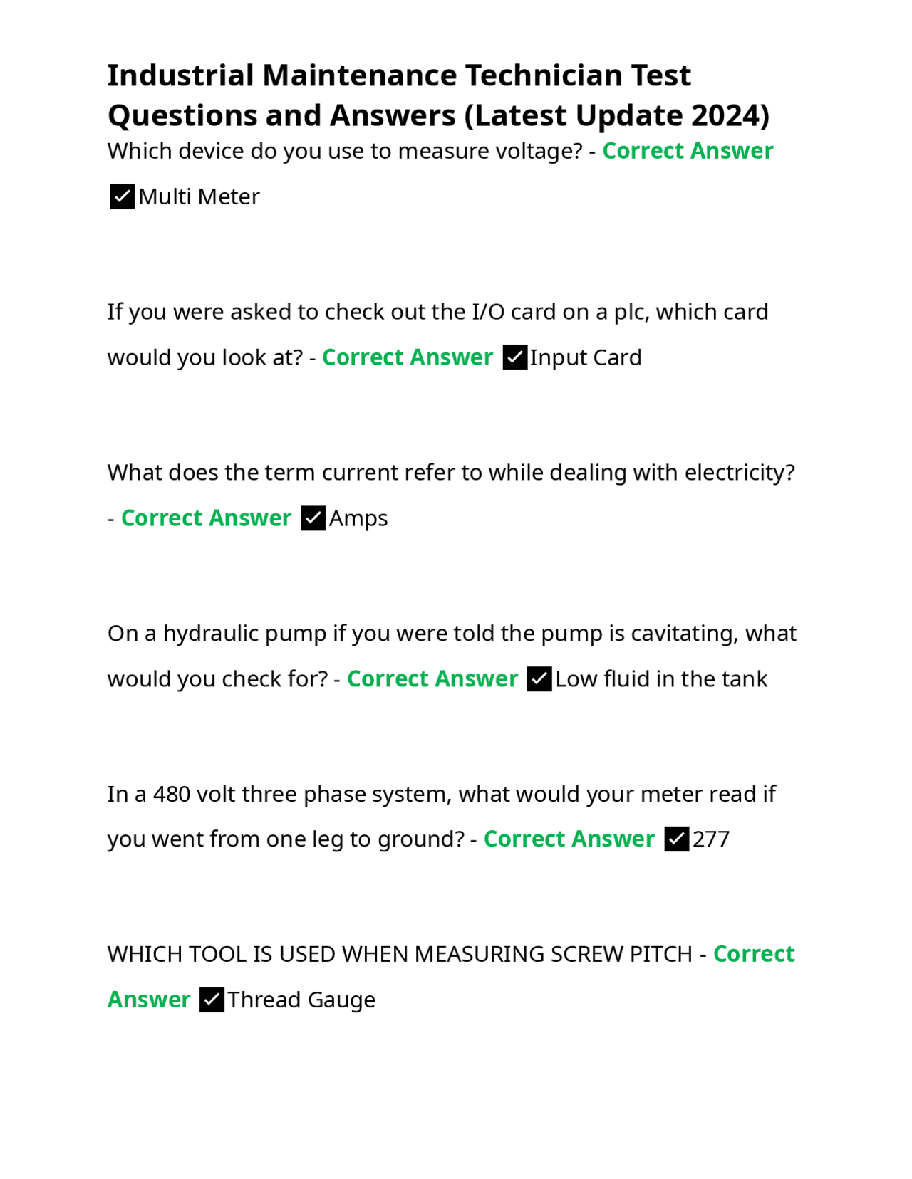 Industrial Maintenance Technician Test Questions and Answers (Latest ...