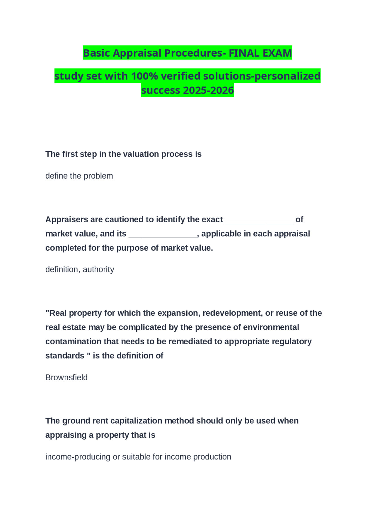 Basic Appraisal Procedures- FINAL EXAM study set with 100% verified ...