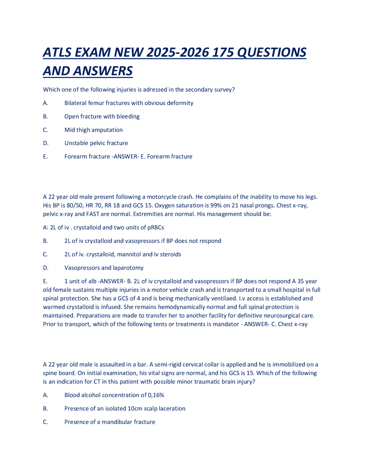 ATLS EXAM NEW 2025-2026 175 QUESTIONS AND ANSWERS | Exams Public Health ...