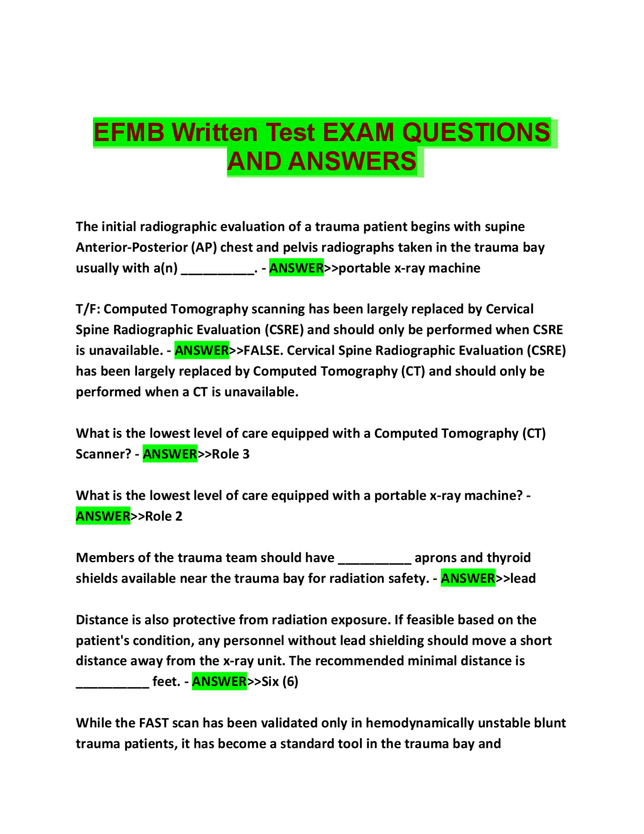 EFMB Written Test Exam Questions and Answers: Trauma, Aural Blast ...
