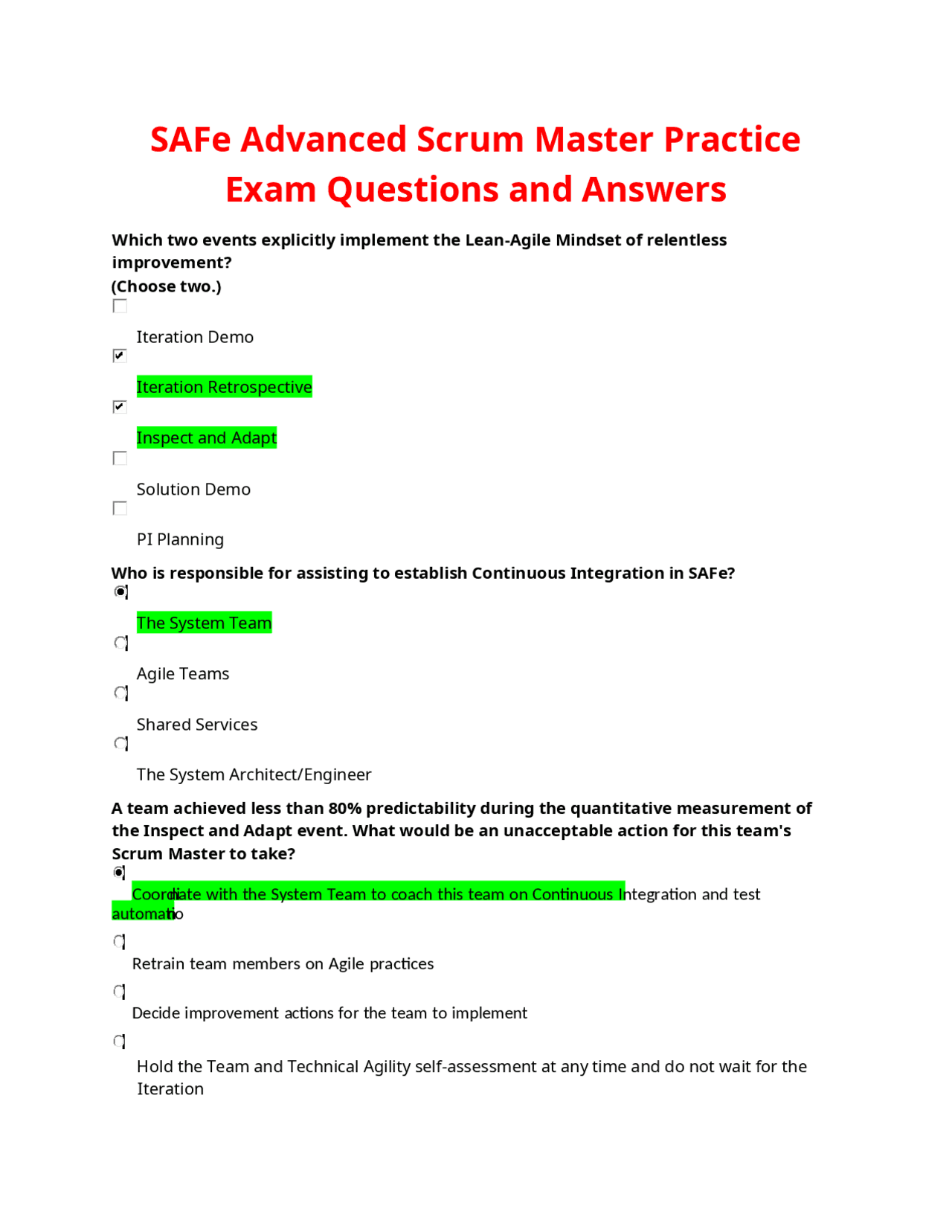 Safe Advanced Scrum Master Practice Exam Questions And Answers Exams Nursing Docsity