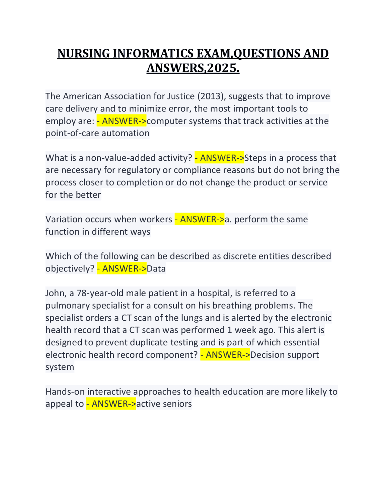 NURSING INFORMATICS EXAM,QUESTIONS AND ANSWERS,2025. | Exams Nursing ...