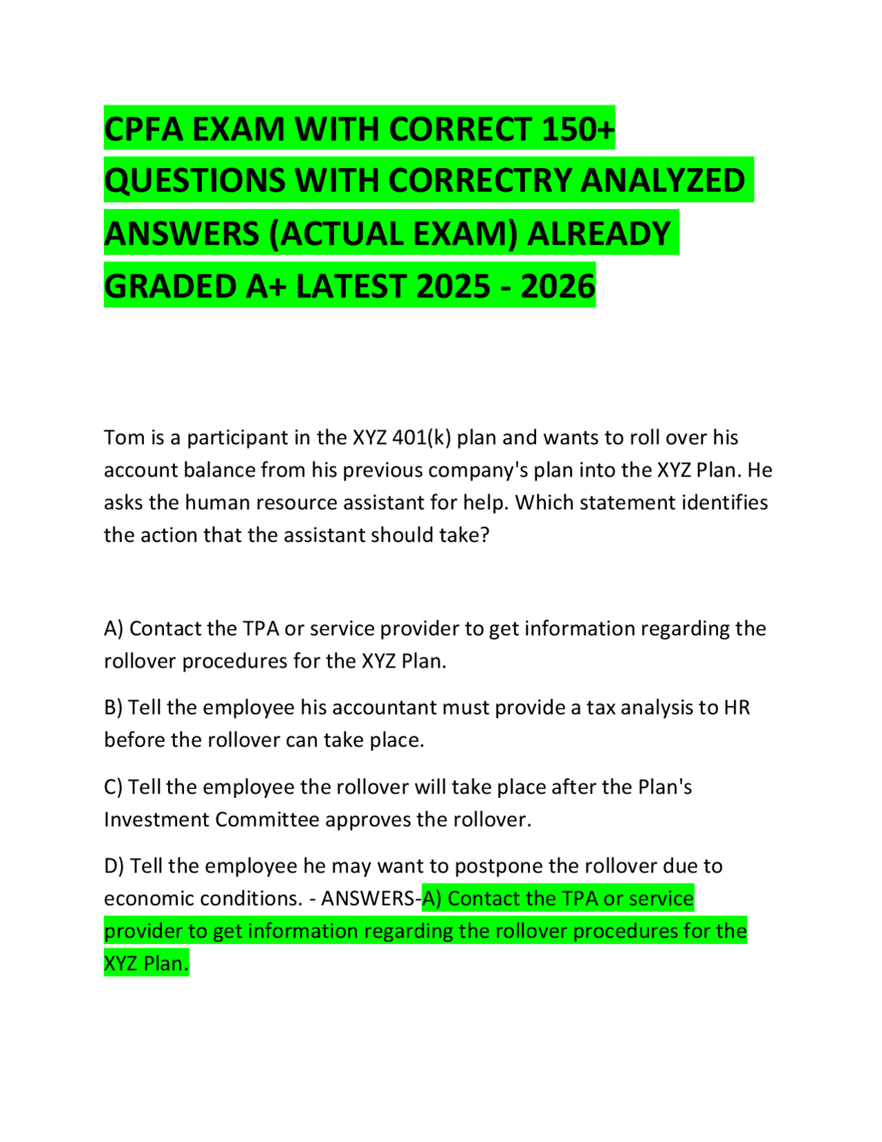 CPFA EXAM WITH CORRECT 150+ QUESTIONS WITH CORRECTRY ANALYZED ANSWERS ...