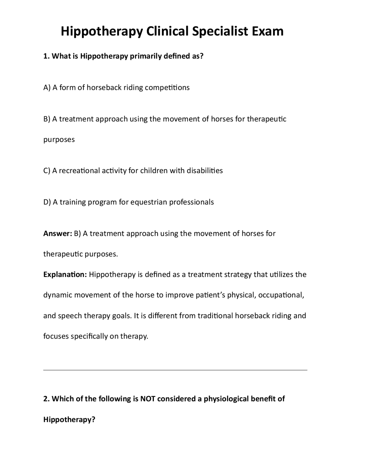 Hippotherapy Clinical Specialist Exam | Exams Technology | Docsity