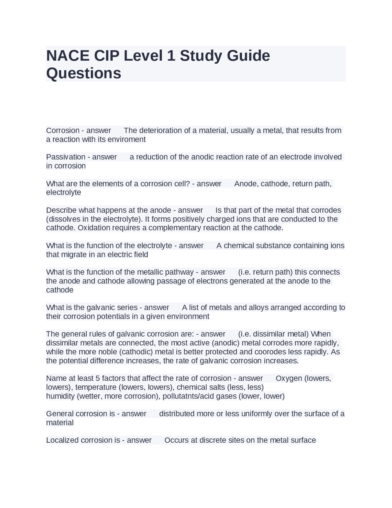NACE CIP Level 1 Study Guide Questions and Answers 2025 | Exams ...