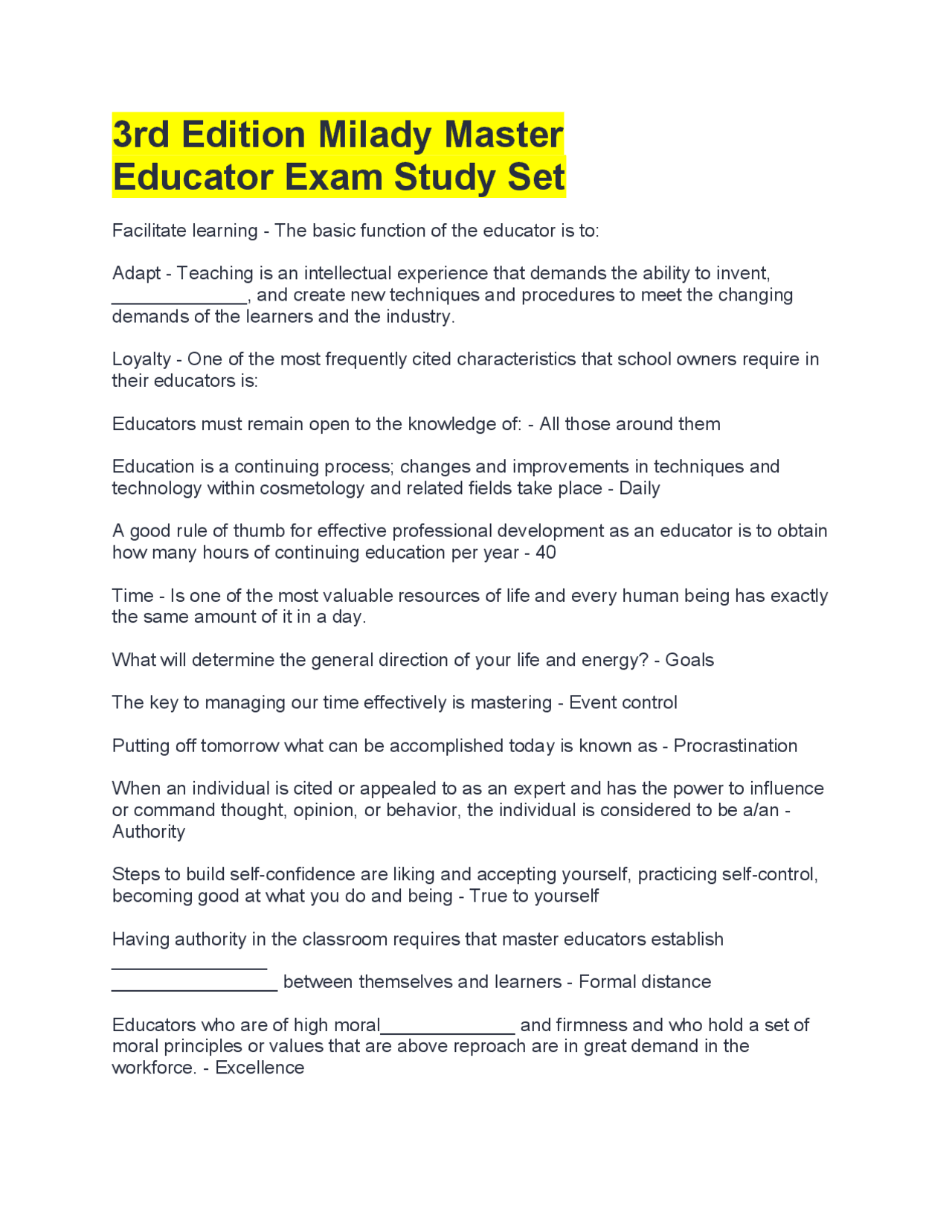 3rd Edition Milady Master Educator Exam Study Set | Exams Advanced Education | Docsity