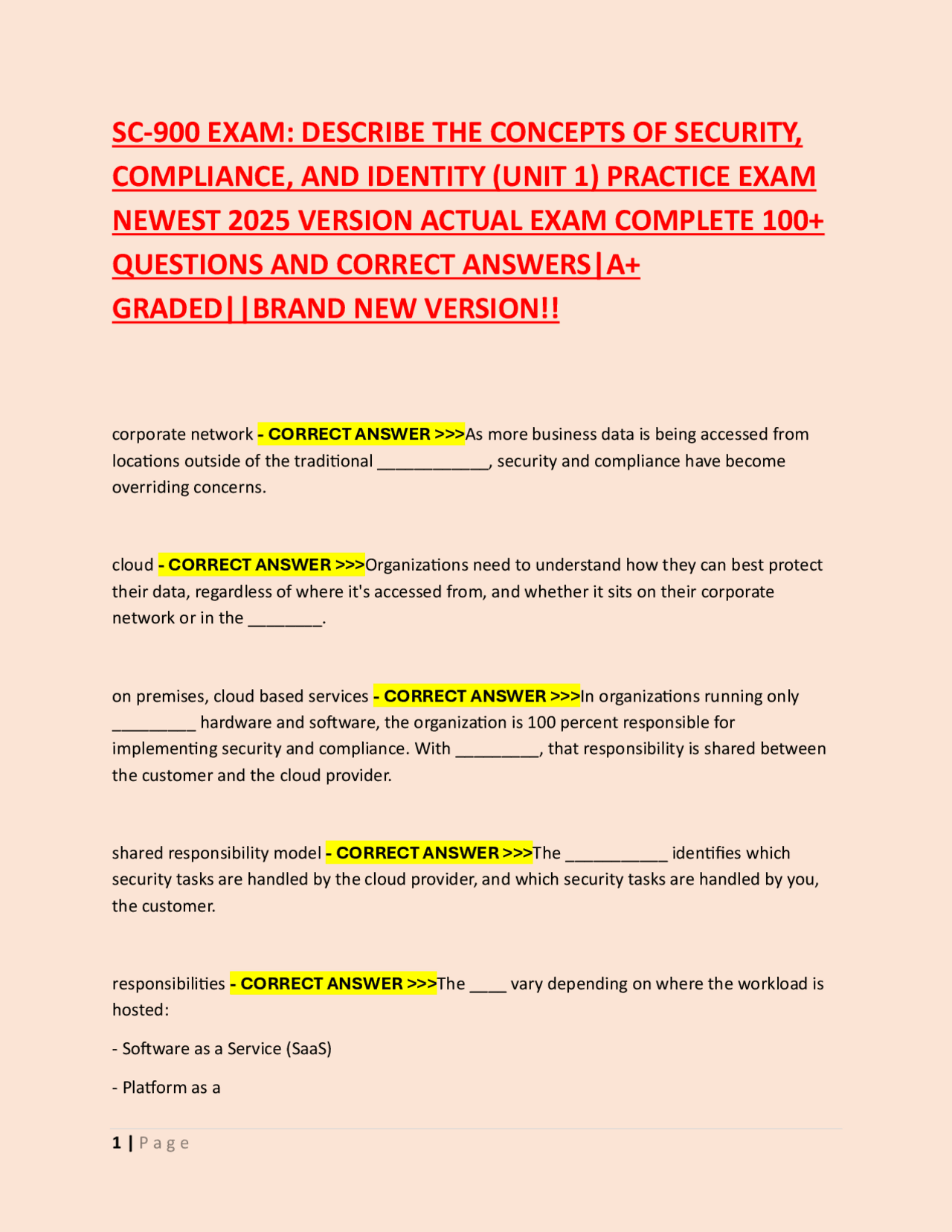 SC-900 EXAM: DESCRIBE THE CONCEPTS OF SECURITY, COMPLIANCE, AND IDENTITY (UNIT 1) EXAM | Exams ...