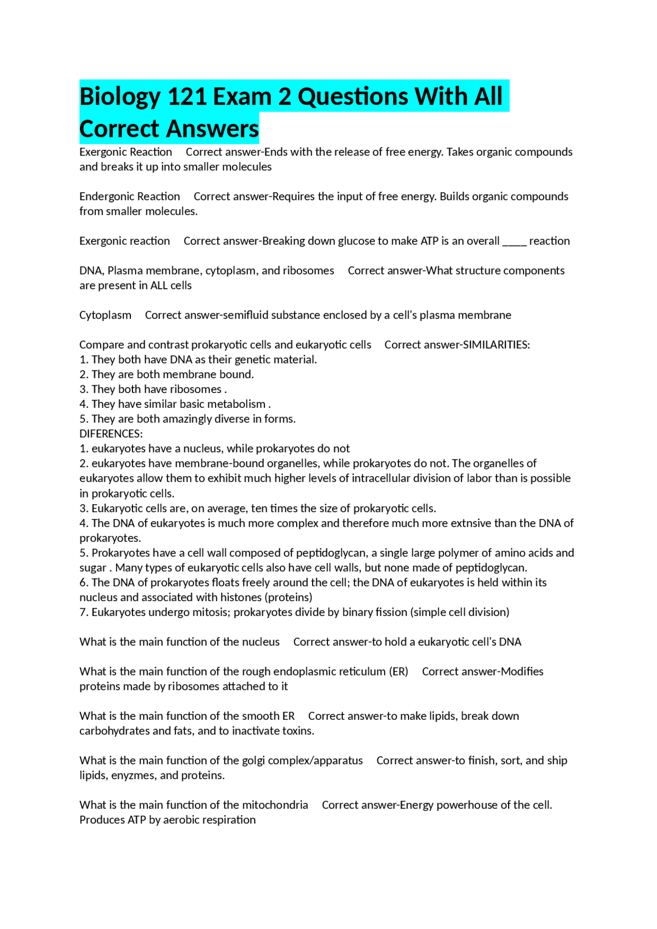Biology 121 Exam 2: Questions and Answers on Cell Biology and ...