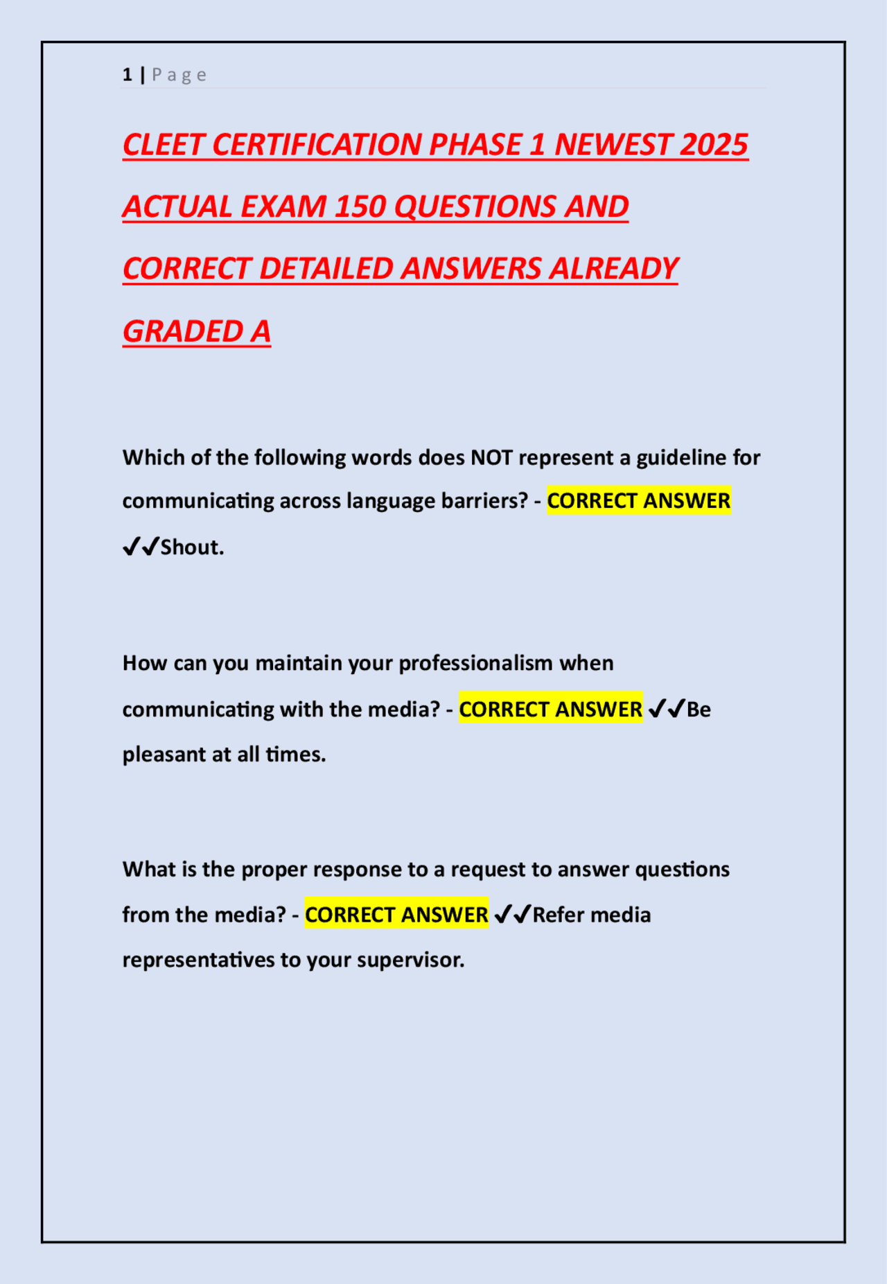 CLEET Certification Phase 1 Exam: 2025 Practice Questions and Answers ...