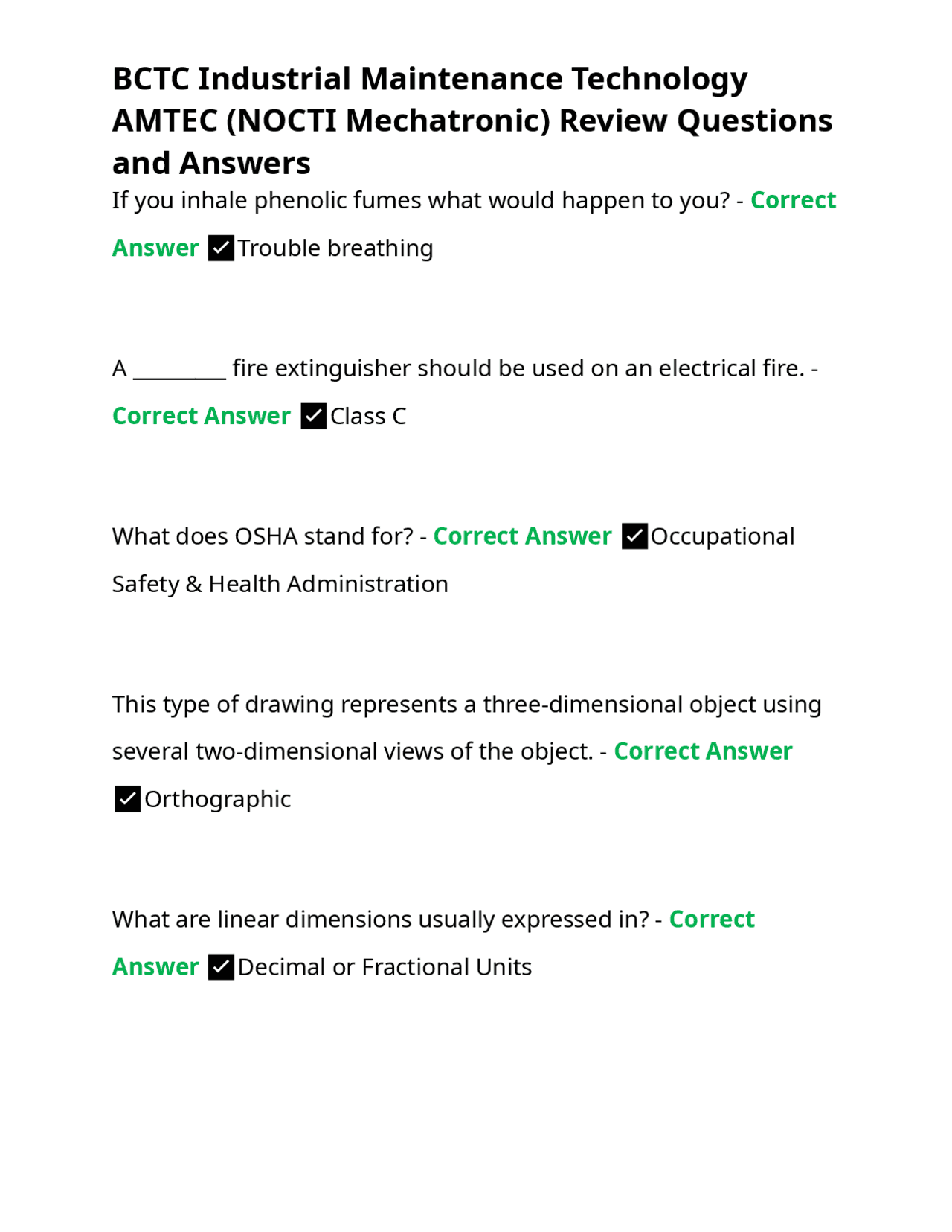 BCTC Industrial Maintenance Technology AMTEC (NOCTI Mechatronic) Review Questions and Answ ...