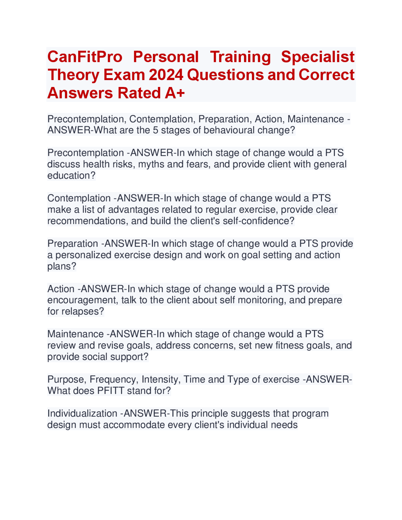 CanFitPro Personal Training Specialist Theory Exam 2024 Questions and Correct Answers Ra | Exams ...