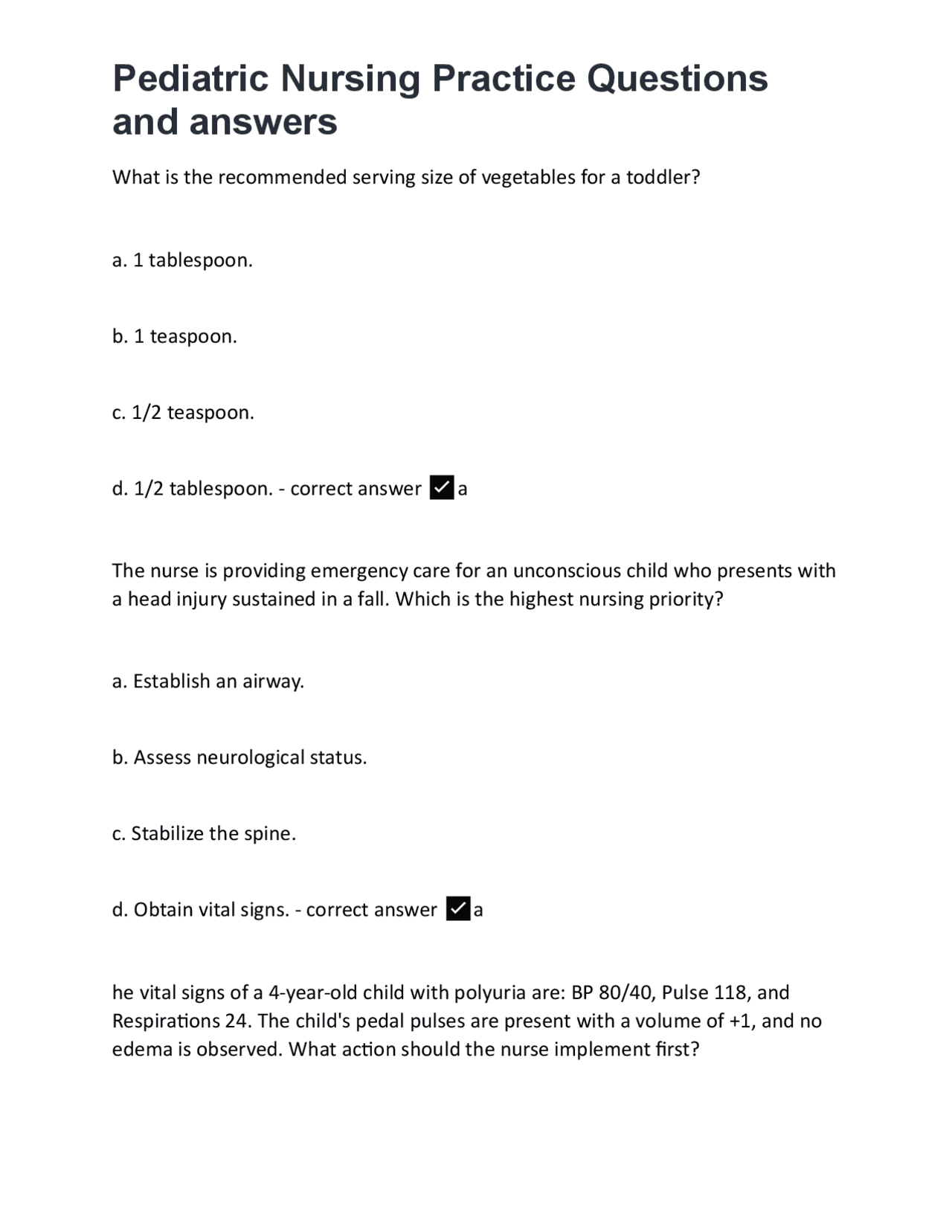 Pediatric Nursing Practice Questions and Answers | Exams Nursing | Docsity