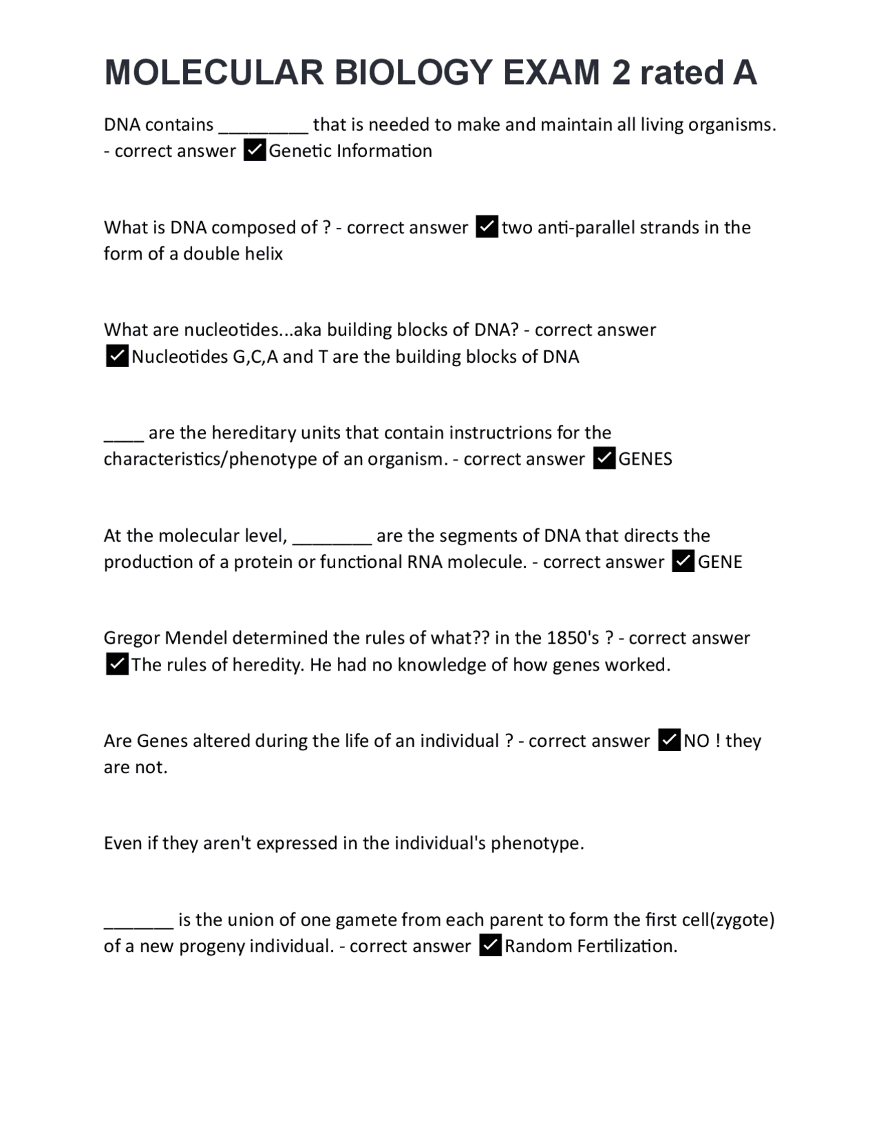 MOLECULAR BIOLOGY EXAM 2 rated A | Exams Molecular biology | Docsity