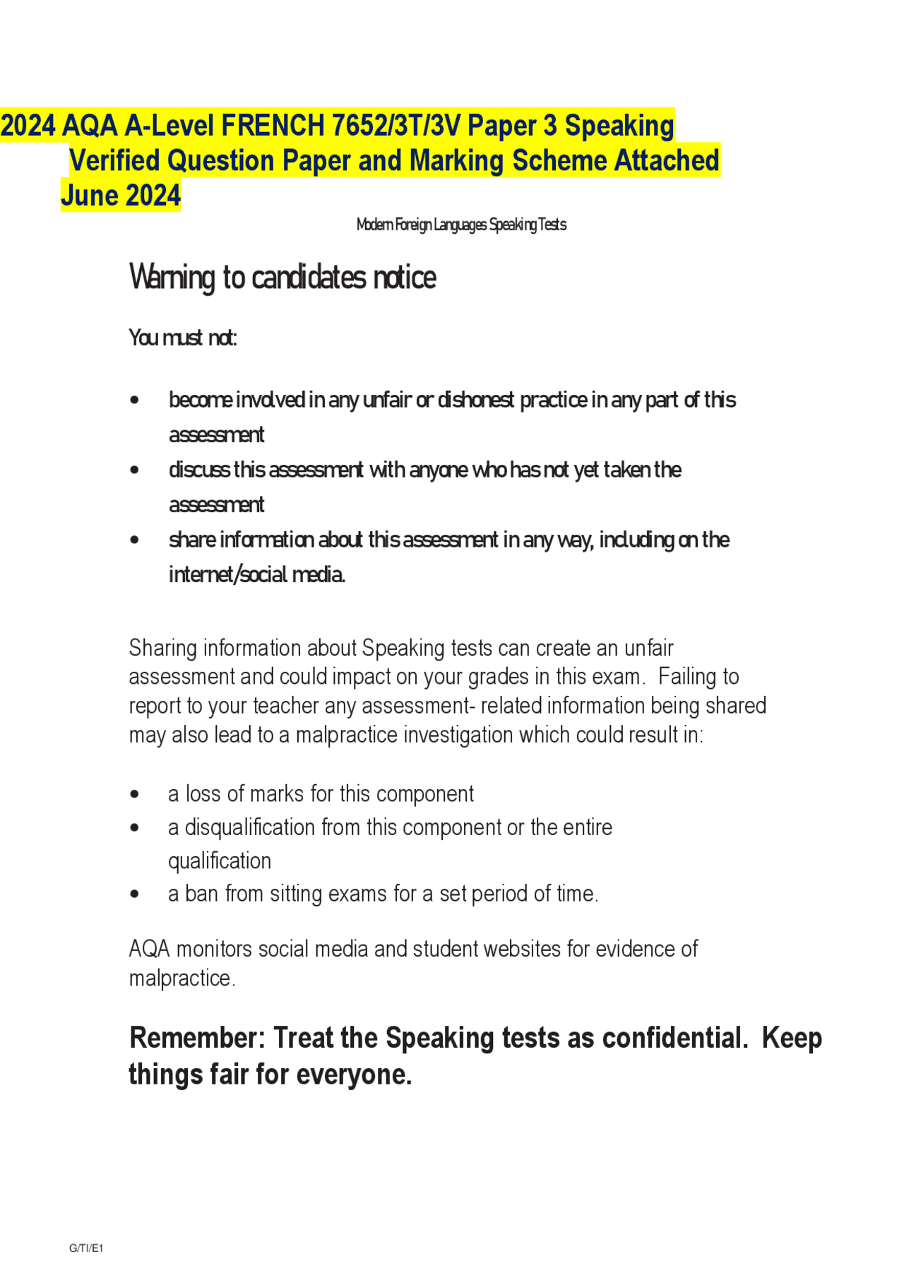 2024 AQA A-Level FRENCH 7652/3T/3V Paper 3 Speaking Verified Question ...