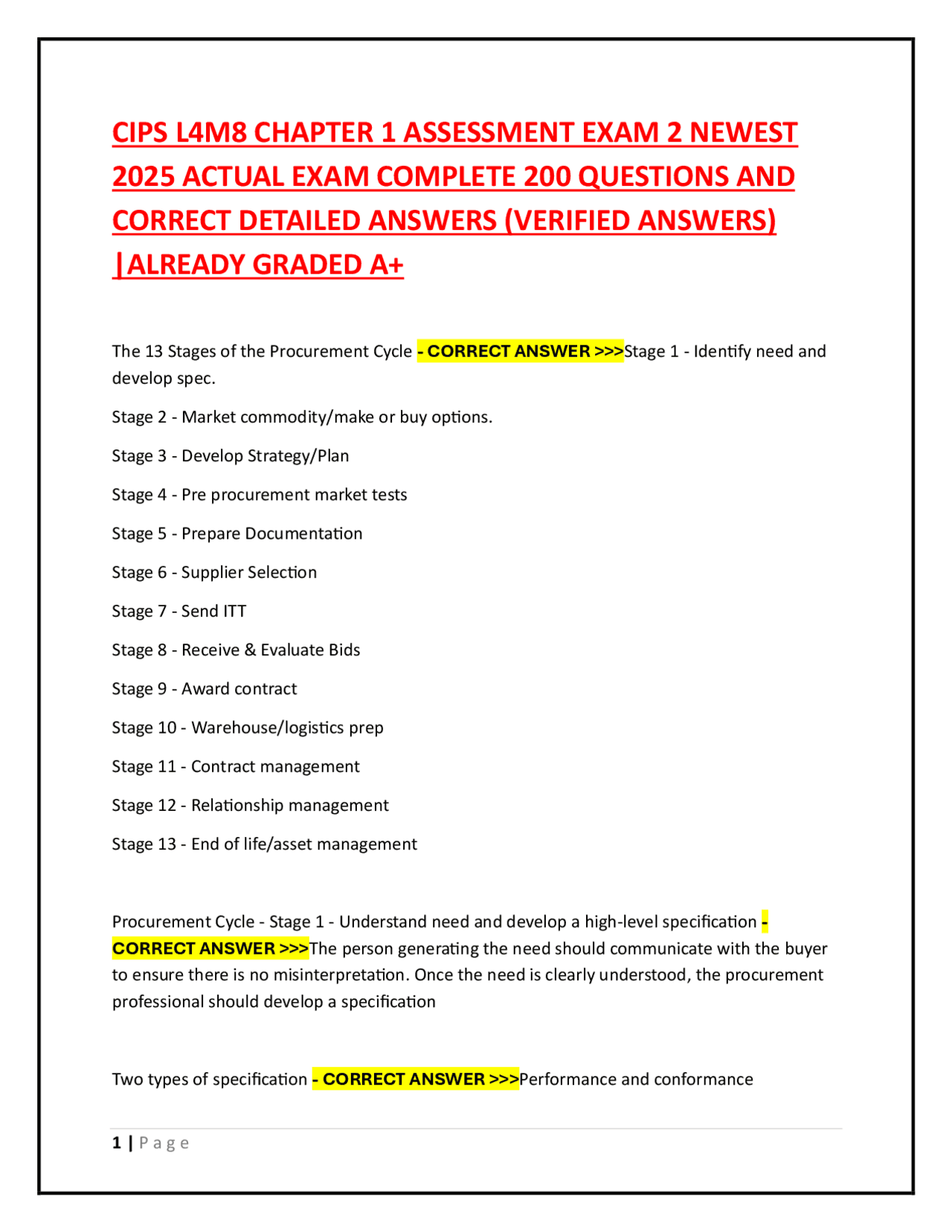 CIPS L4M8 CHAPTER 1 ASSESSMENT EXAM 2 NEWEST 2025 ACTUAL EXAM | Exams Nursing | Docsity