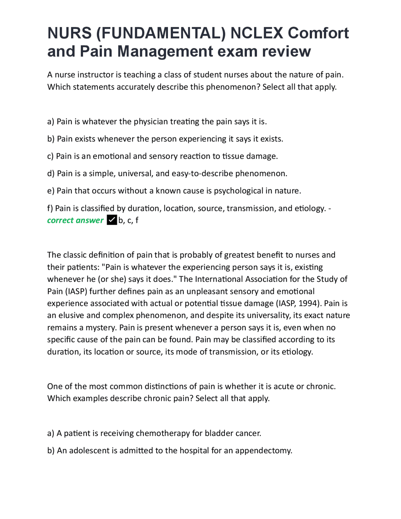 NURS (FUNDAMENTAL) NCLEX Comfort and Pain Management Exam Review ...
