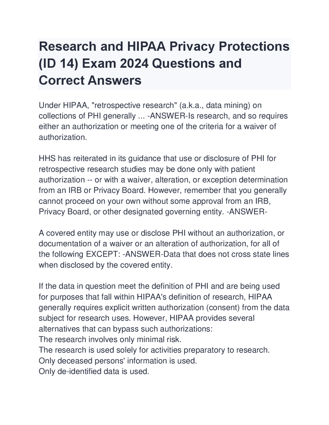 HIPAA Research Regulations: A Multiple Choice Quiz with Answers | Exams ...