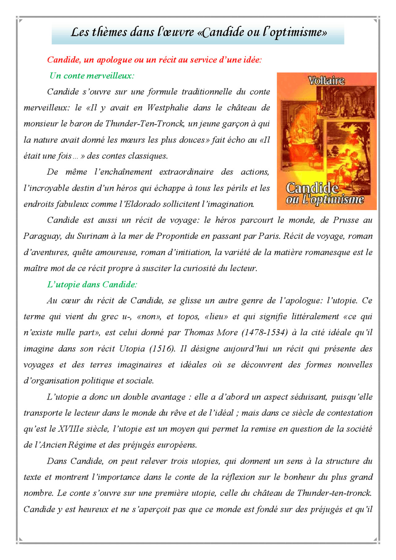 Commentaire composé de candide de Voltaire | Study notes Art | Docsity