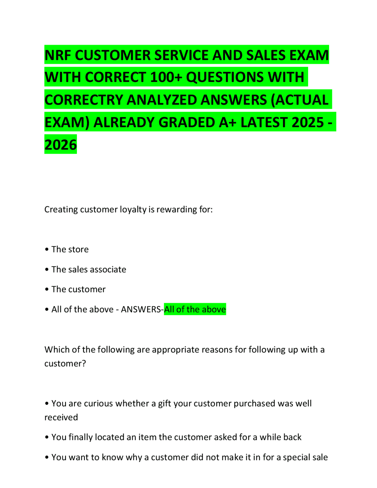 NRF CUSTOMER SERVICE AND SALES EXAM WITH CORRECT 100+ QUESTIONS | Exams ...