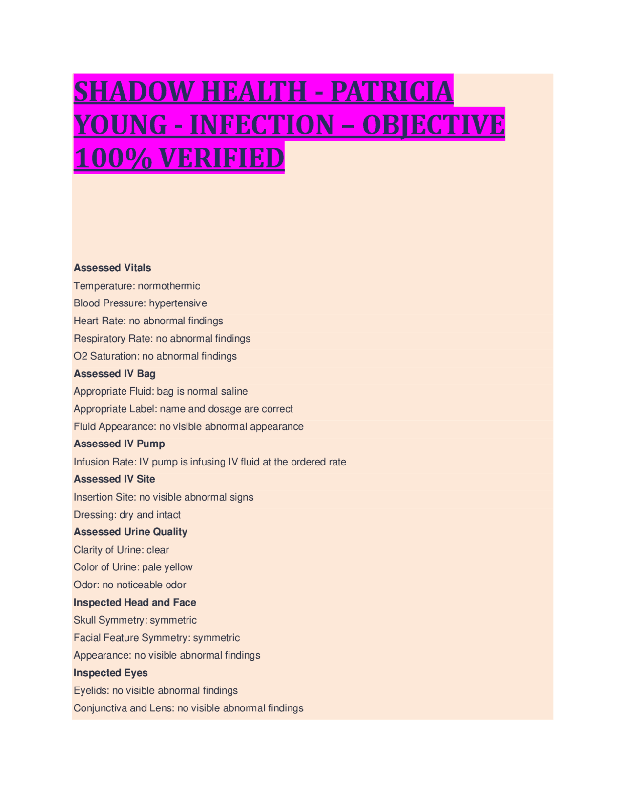 SHADOW HEALTH - PATRICIA YOUNG - INFECTION – OBJECTIVE 100% VERIFIED ...