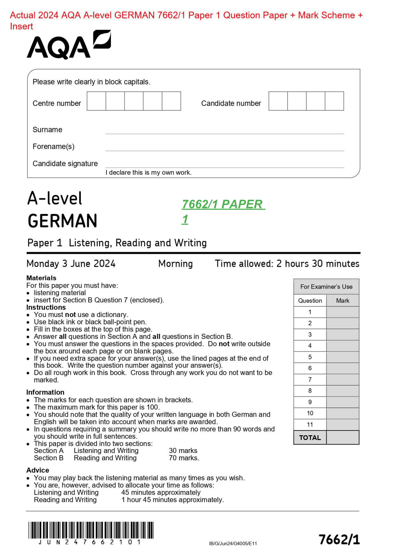 Actual 2024 AQA A-level GERMAN 7662/1 Paper 1 Question Paper + Mark ...